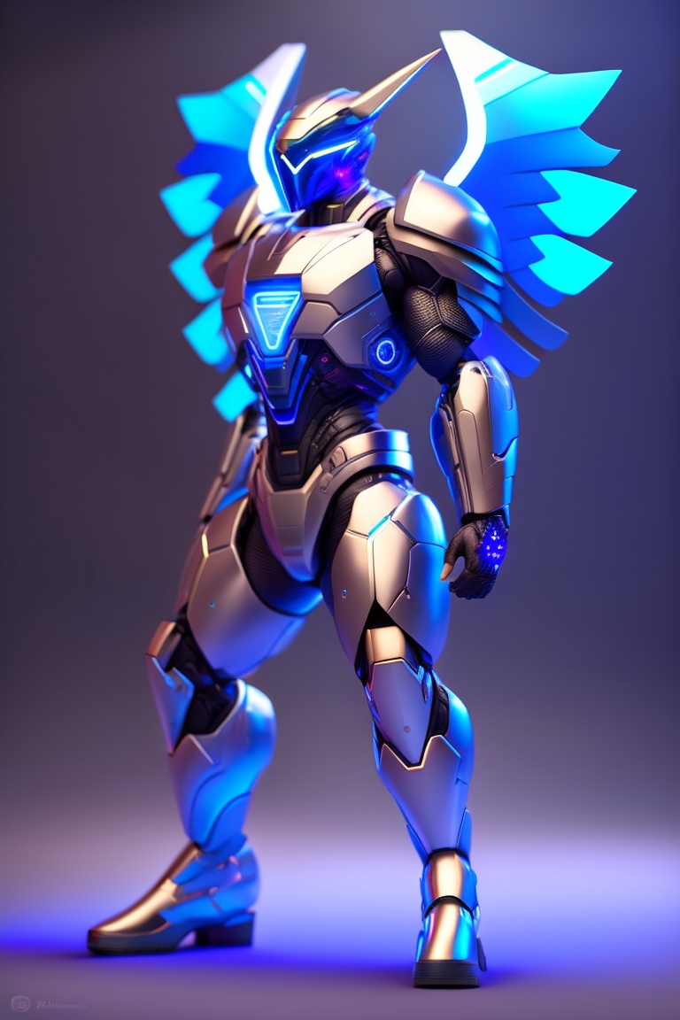 Lexica - Cyborg rebotic angel, menacing pose, metallic, neon blue wings ...