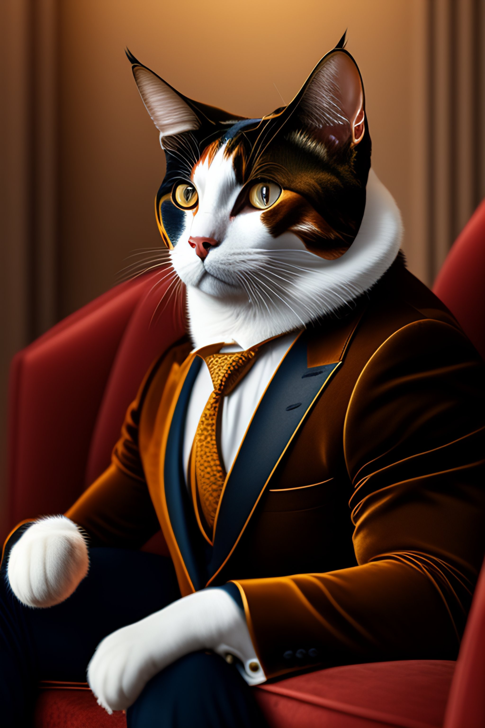 Lexica - A calico cat with 3 piece suit, sitting in a lounge drinking ...