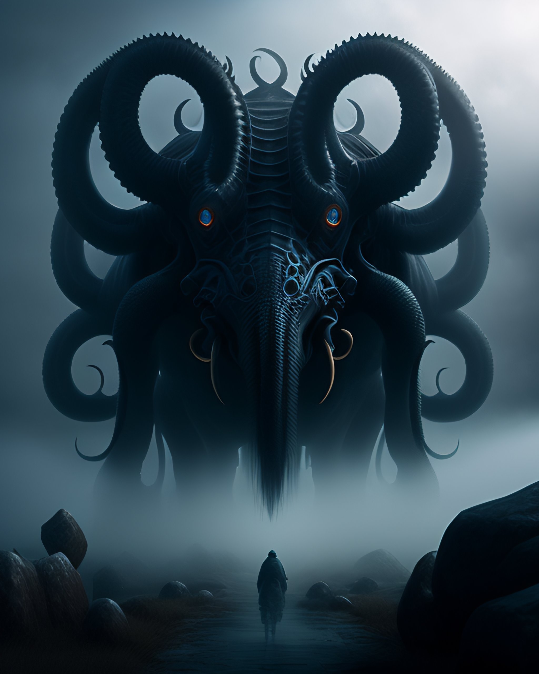 Lexica - Creature eldritch horror, dark obscured by fog, photorealistic ...
