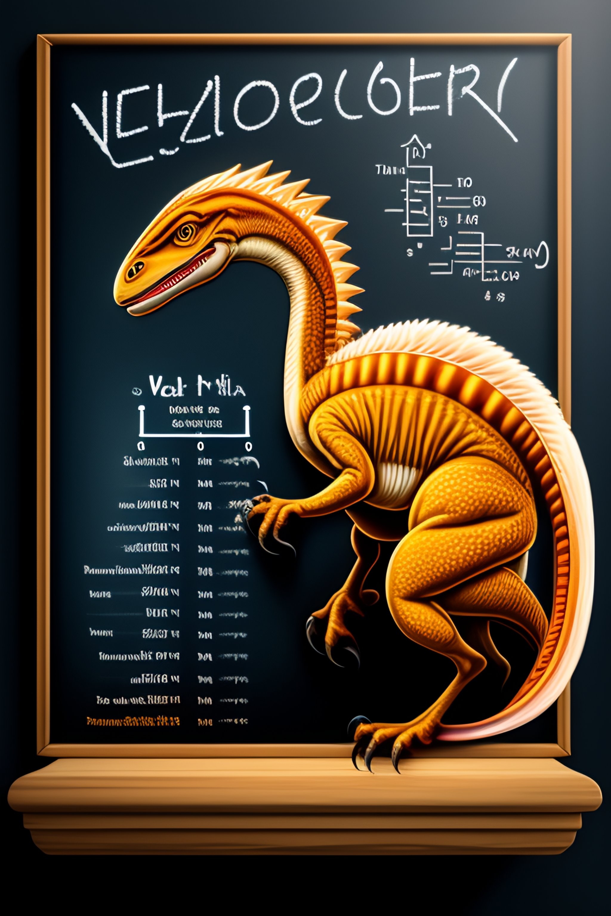 Lexica - Velociraptor doing chemistry on a blackboard