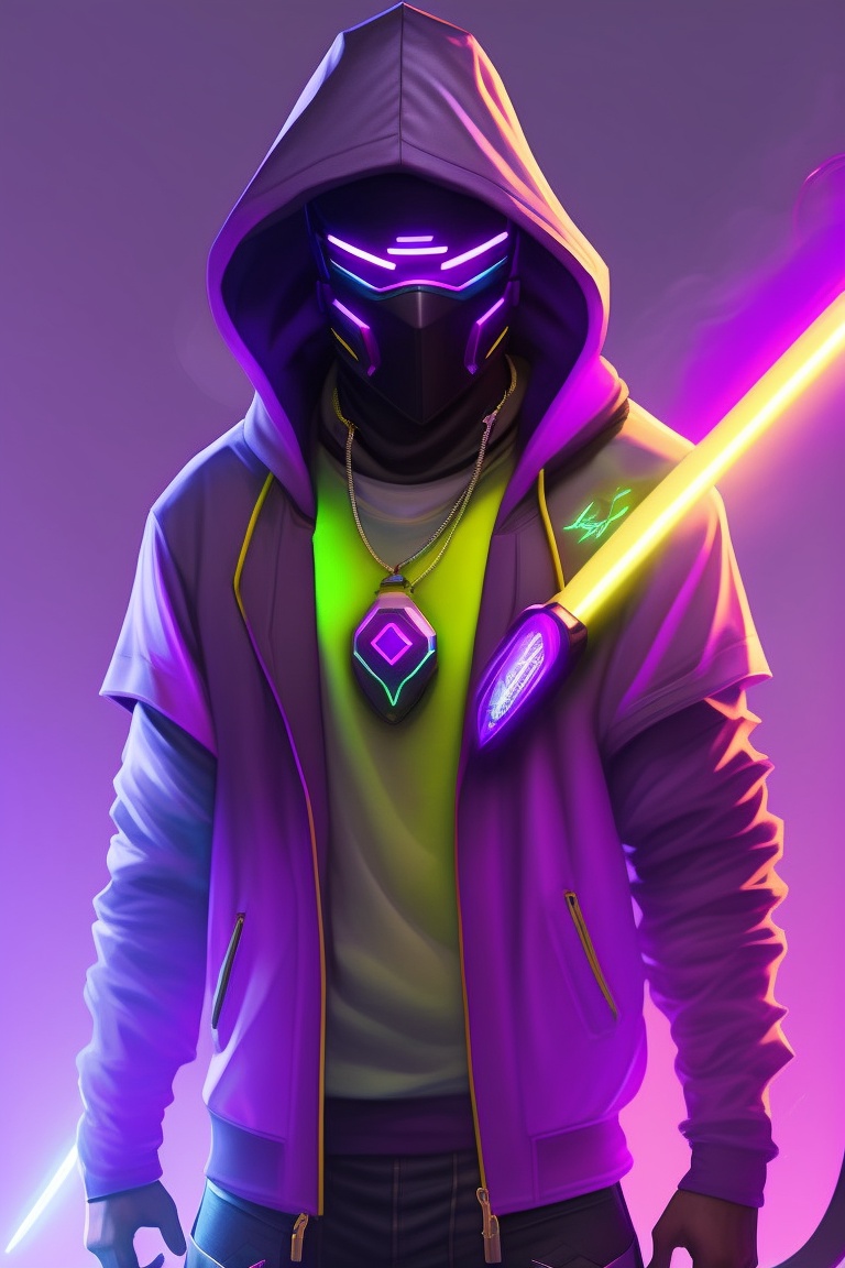 Lexica - Male character, wearing a hoodie, cyberpuk, neon purple, mask ...