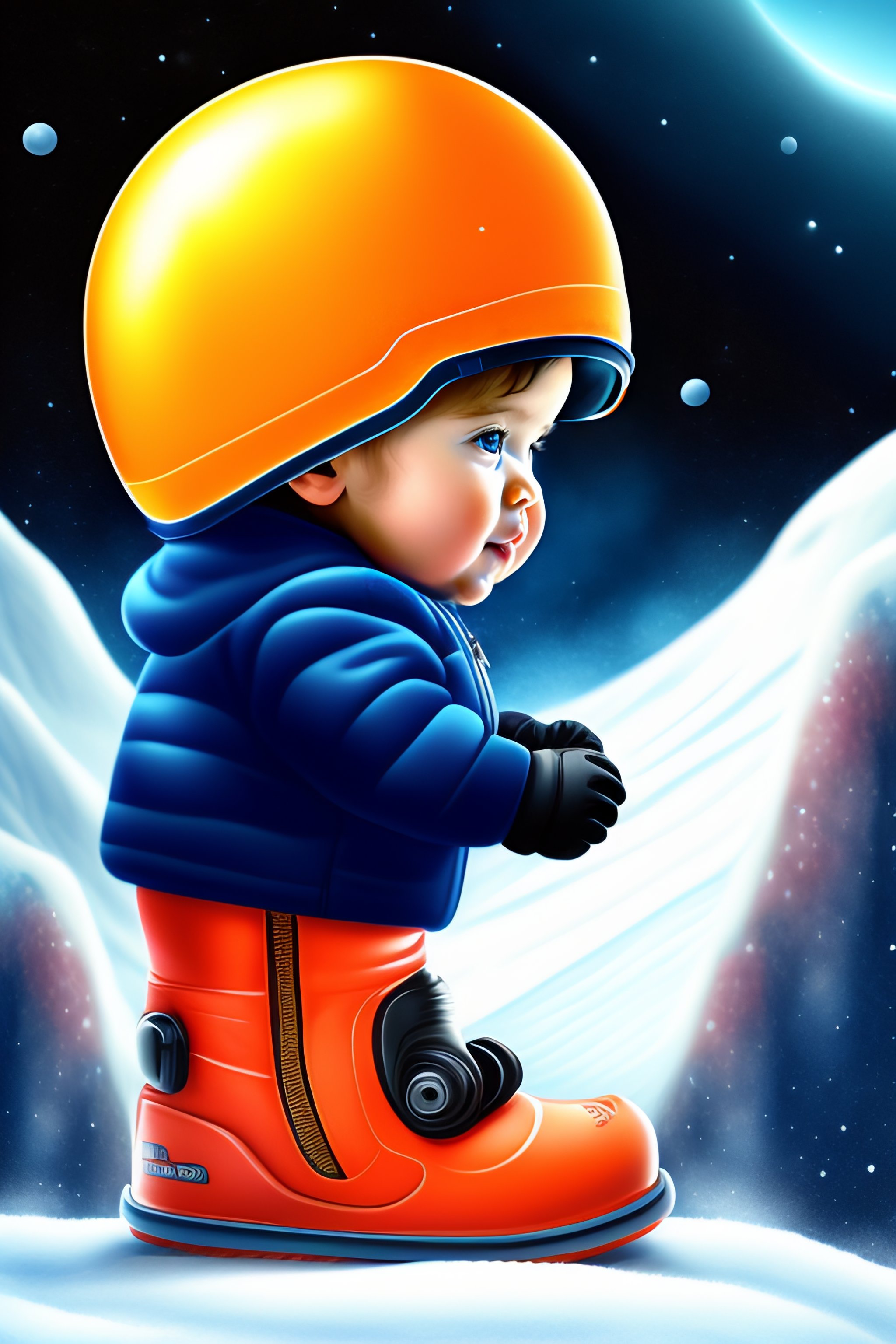 Lexica - Drawing of a baby with a shape of a clementine on ski boots ...