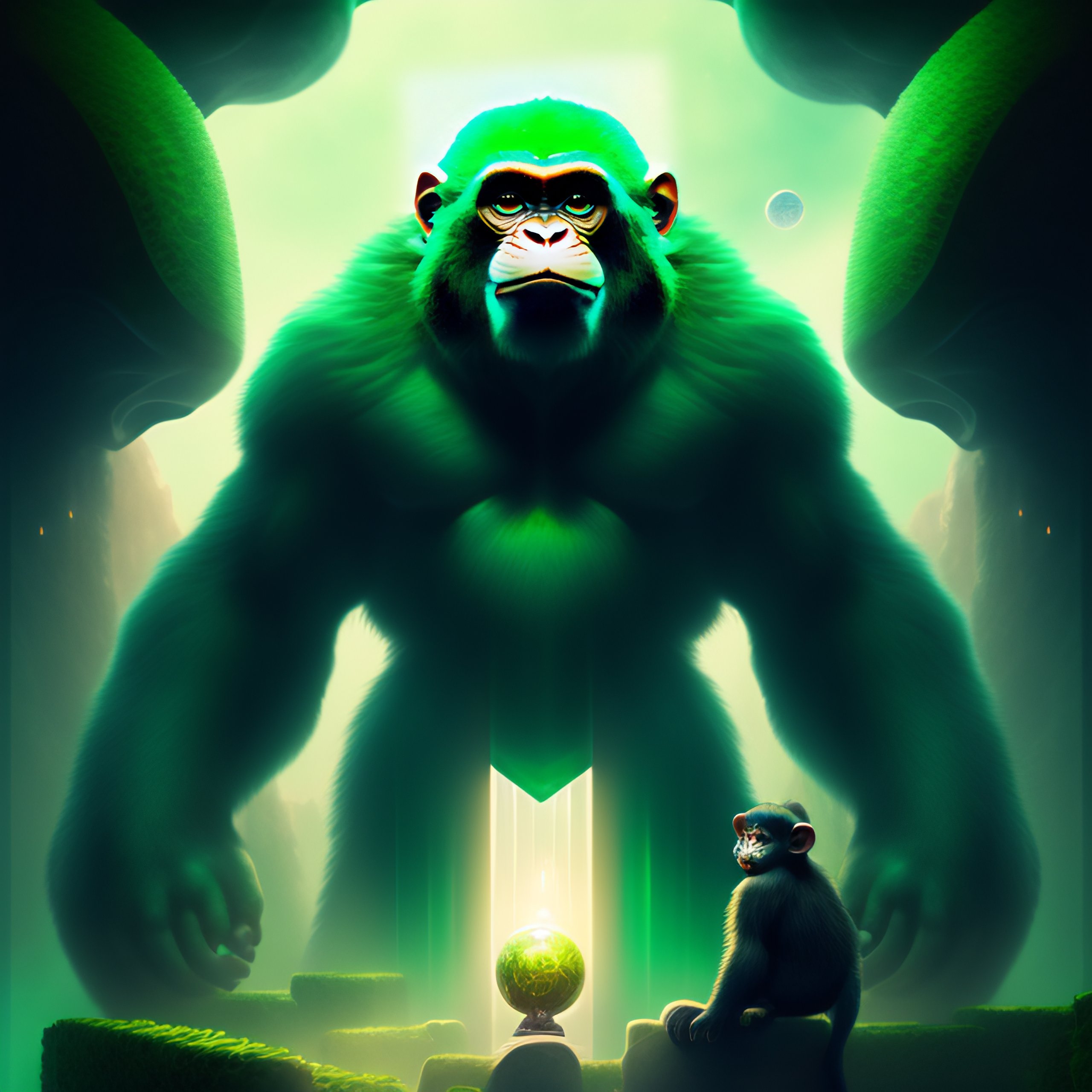 Lexica - Lost in a emerald maze, young monkey facing huge a jade golem ...