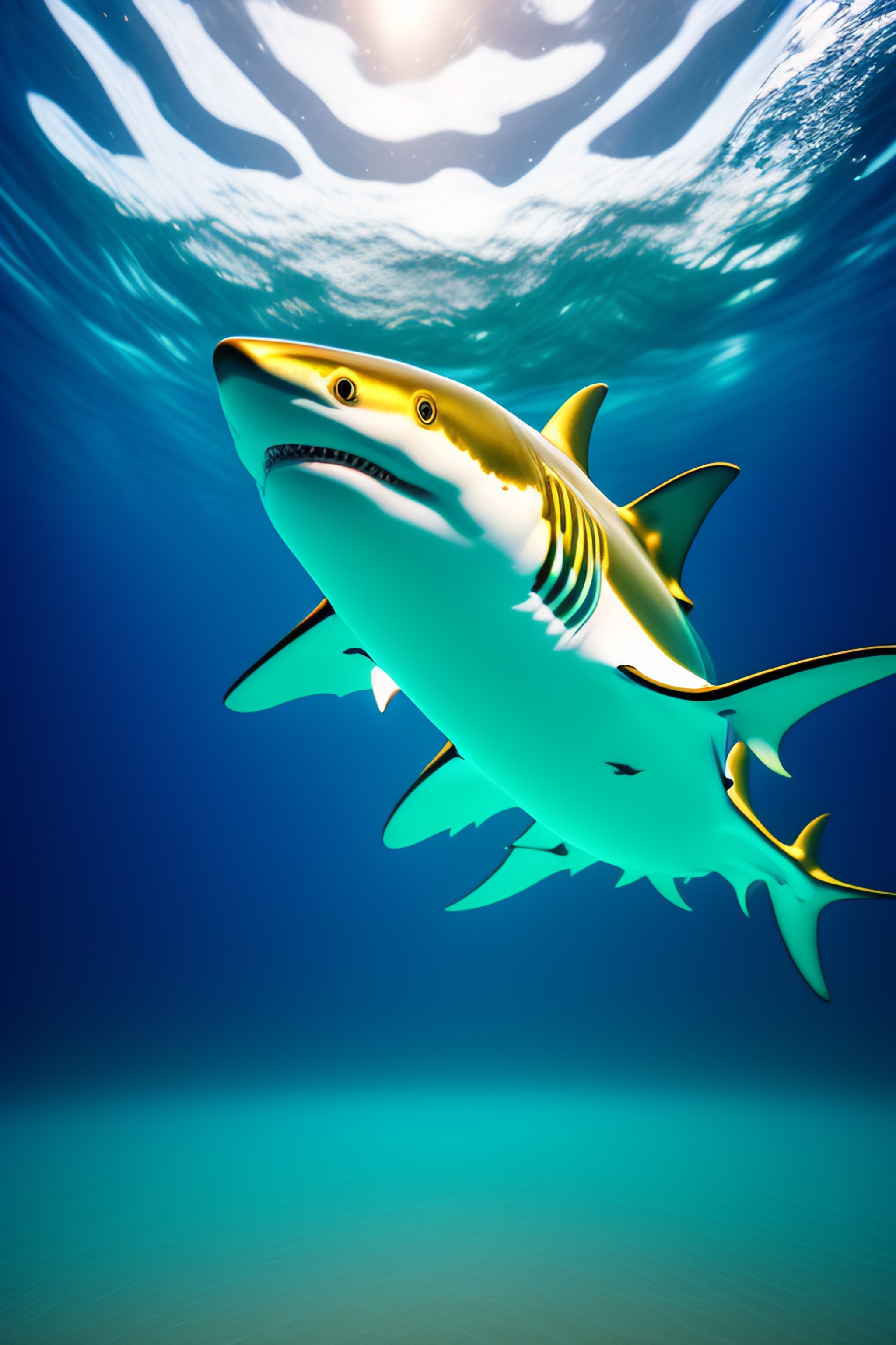 Lexica - A golden white agressive shark, swiming under ice, volumique ...