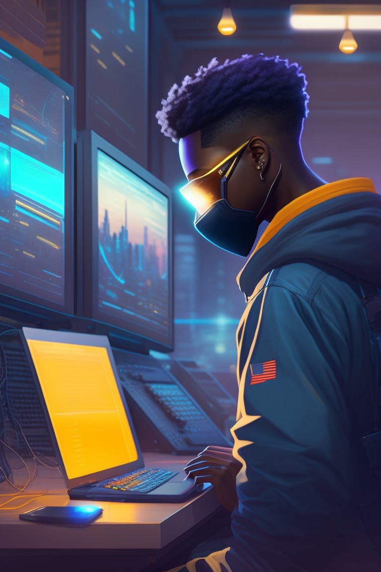 Lexica - A nerdy black boy in a cyberpunk mask is programming on a ...