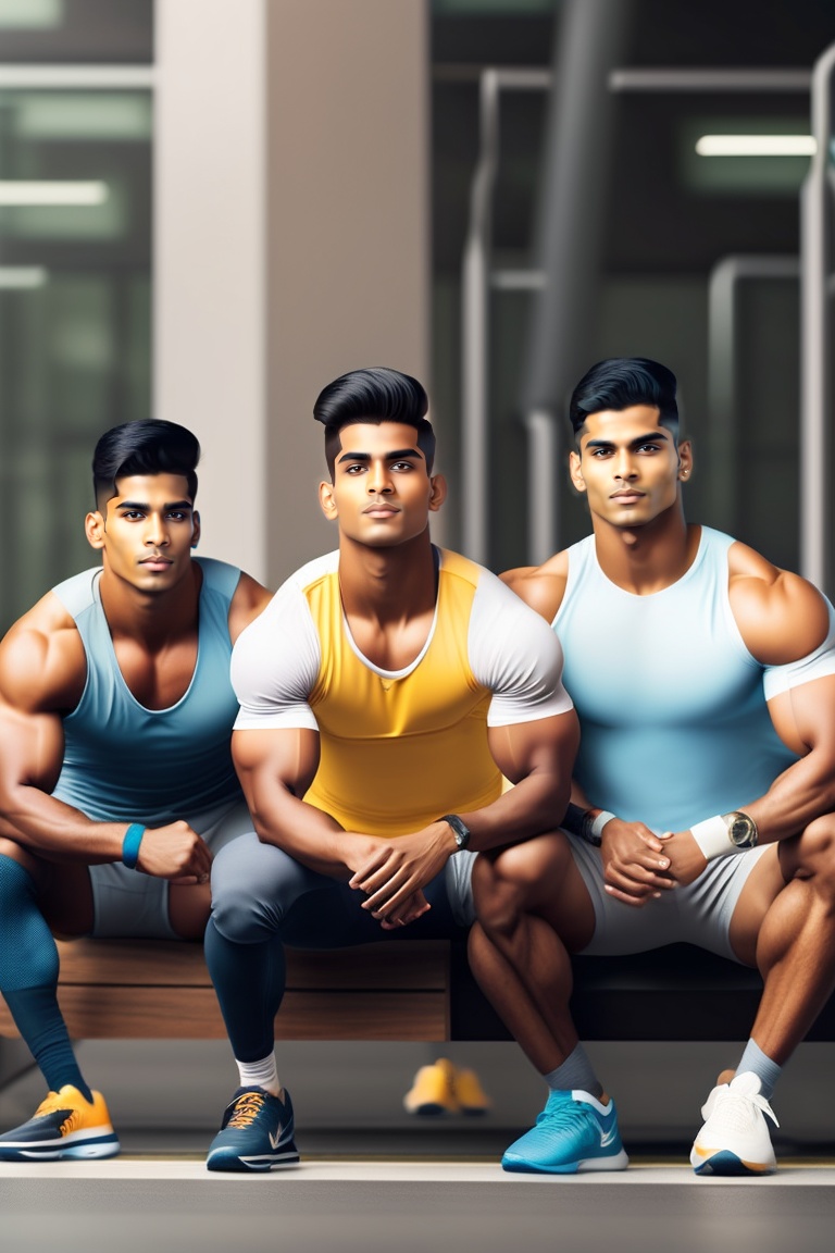 Lexica - Fit indian boys sitting in gym at bench wearing cloths , front ...