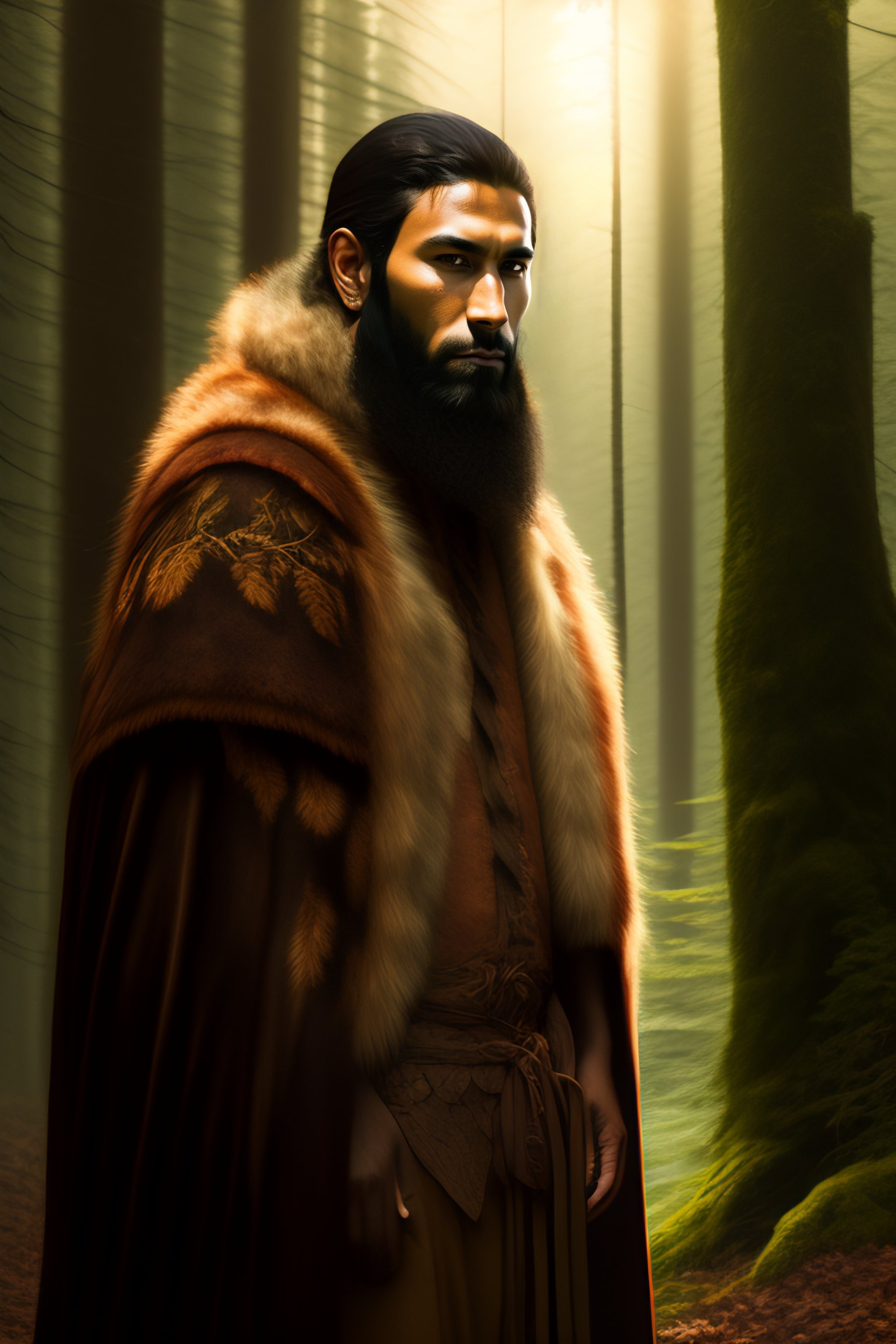 Lexica - Magic spell, druid in woods, neck tattoo, plain bearskin cloak ...