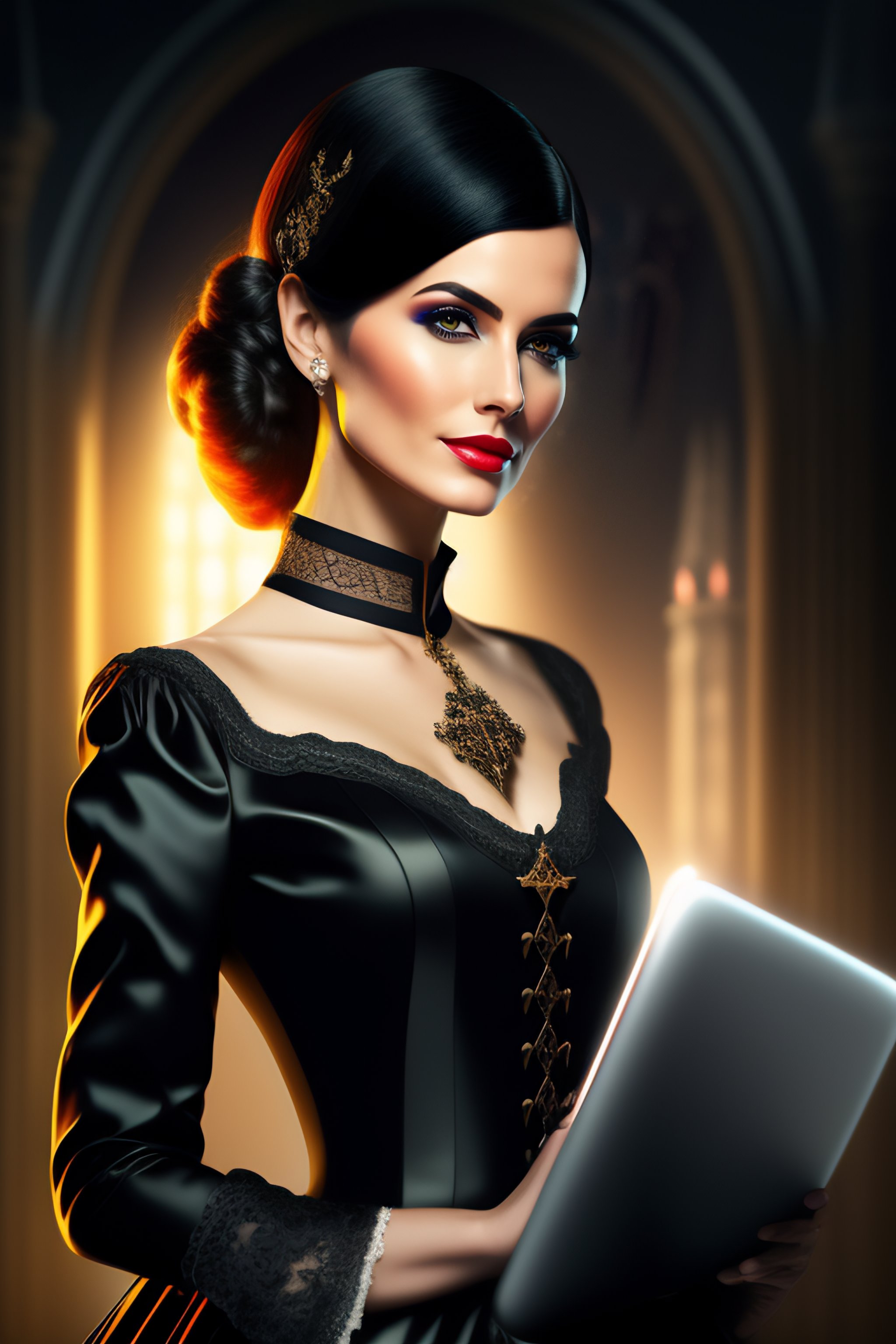 Lexica - Black-haired woman scientist using google, gothic clothing