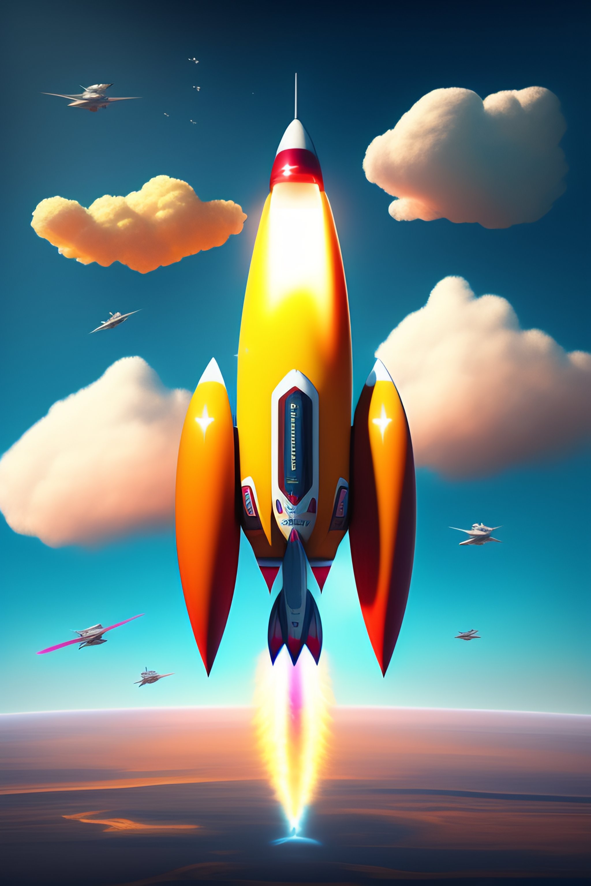 Lexica - Draw me a cartoon rocket launching into space surrounded by ...