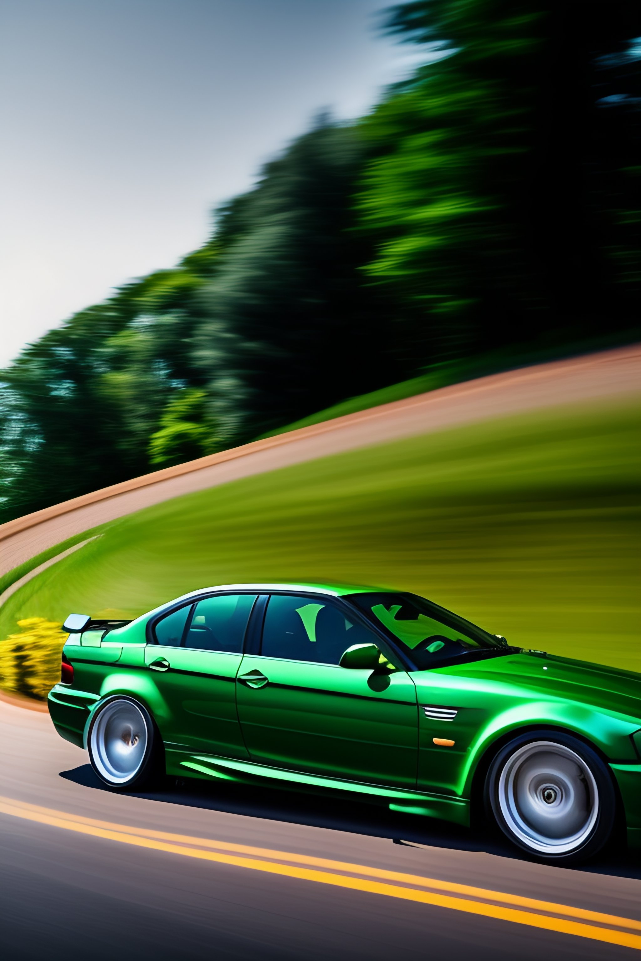 Lexica - Green e46 bmw, stock sedan, driving through connecticut, realistic