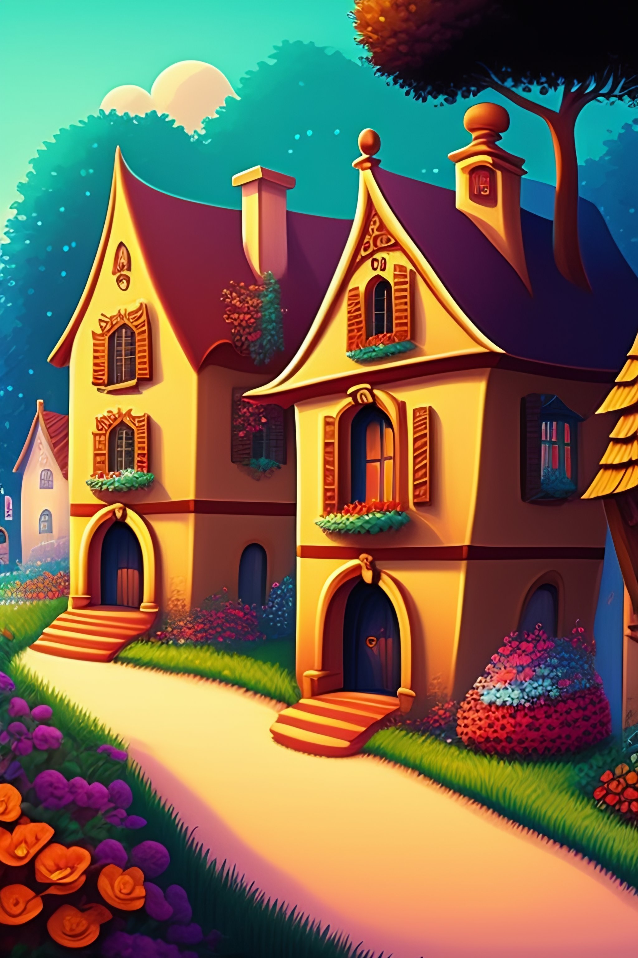 Lexica - Storybook cartoon fairytale town illustration, lot of house