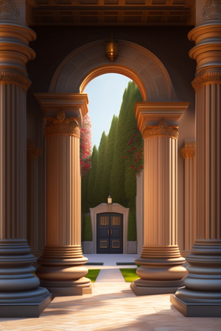 Lexica - Entrance gate to the palace with tall stone columns, stone ...