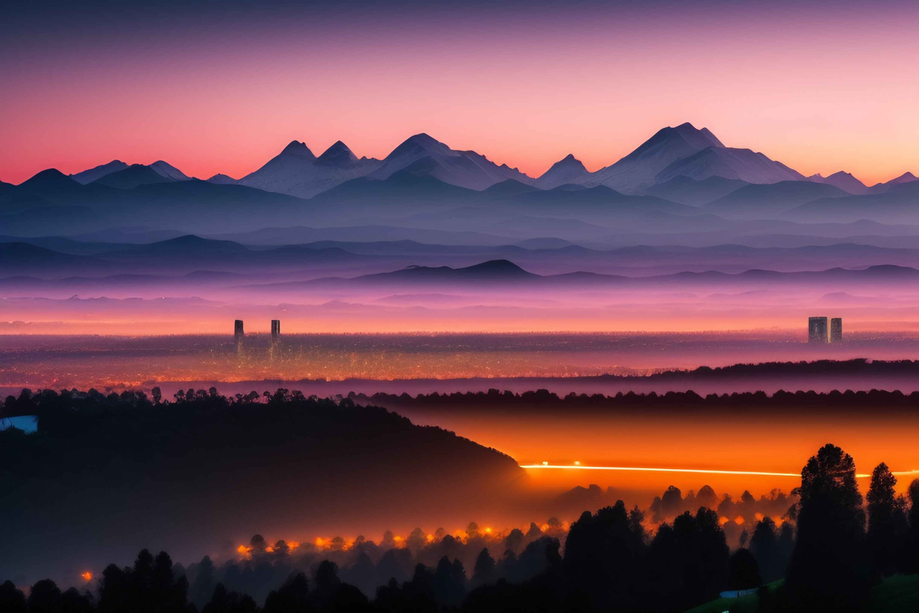 Lexica A View Of A City In The Distance With Mountains Around At Dawn
