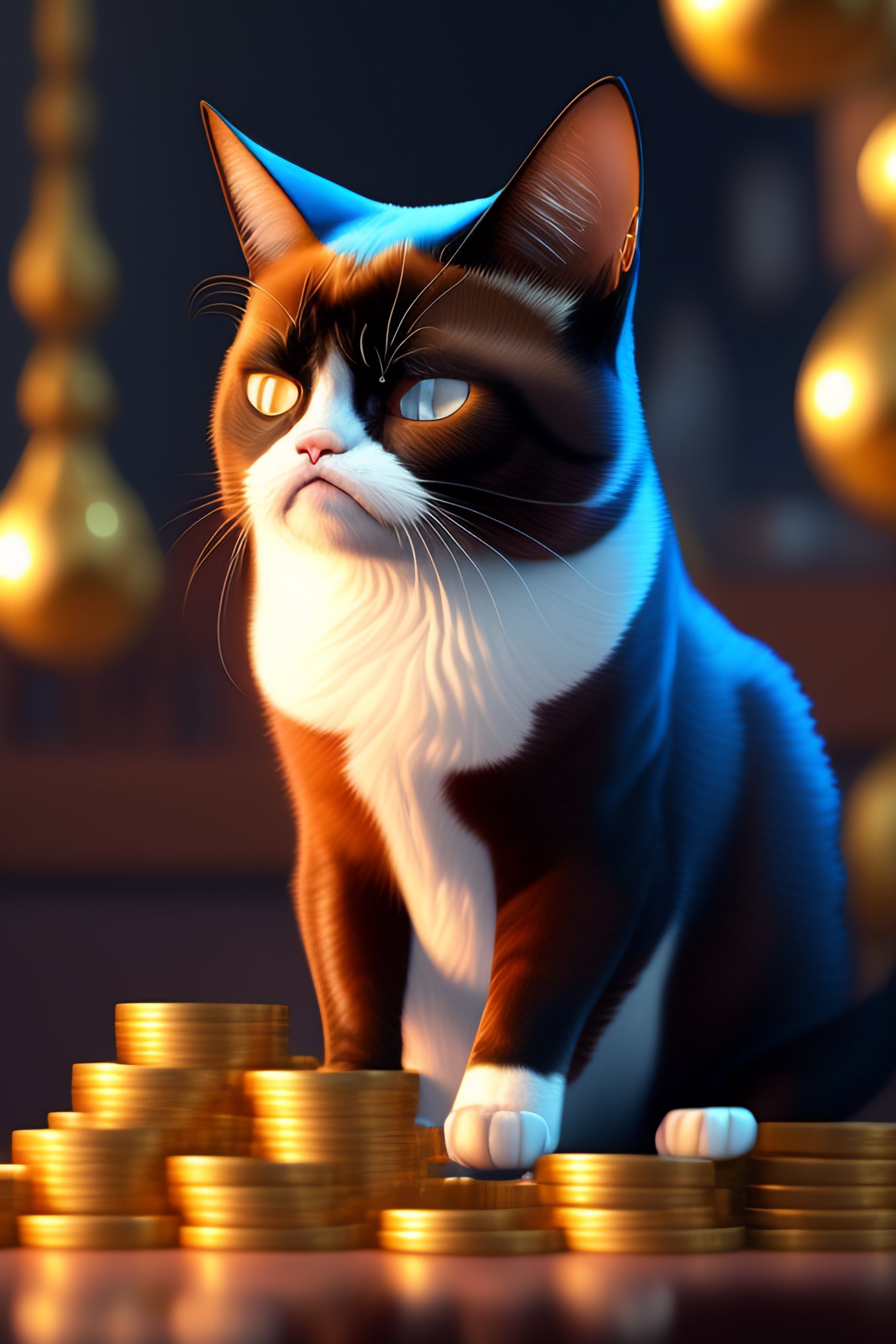 Lexica - A grumpy cat counting gold coins at home, in disney concept ...