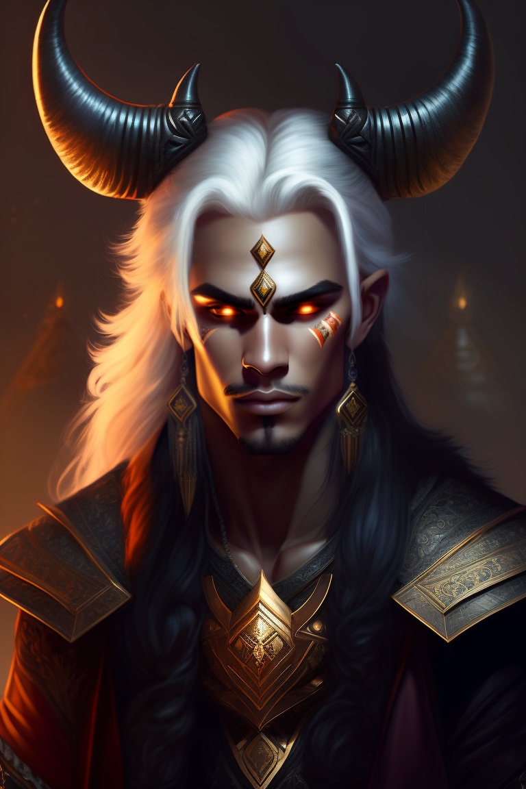 Lexica - Realistic photo, young white haired demon man, golds, blacks ...
