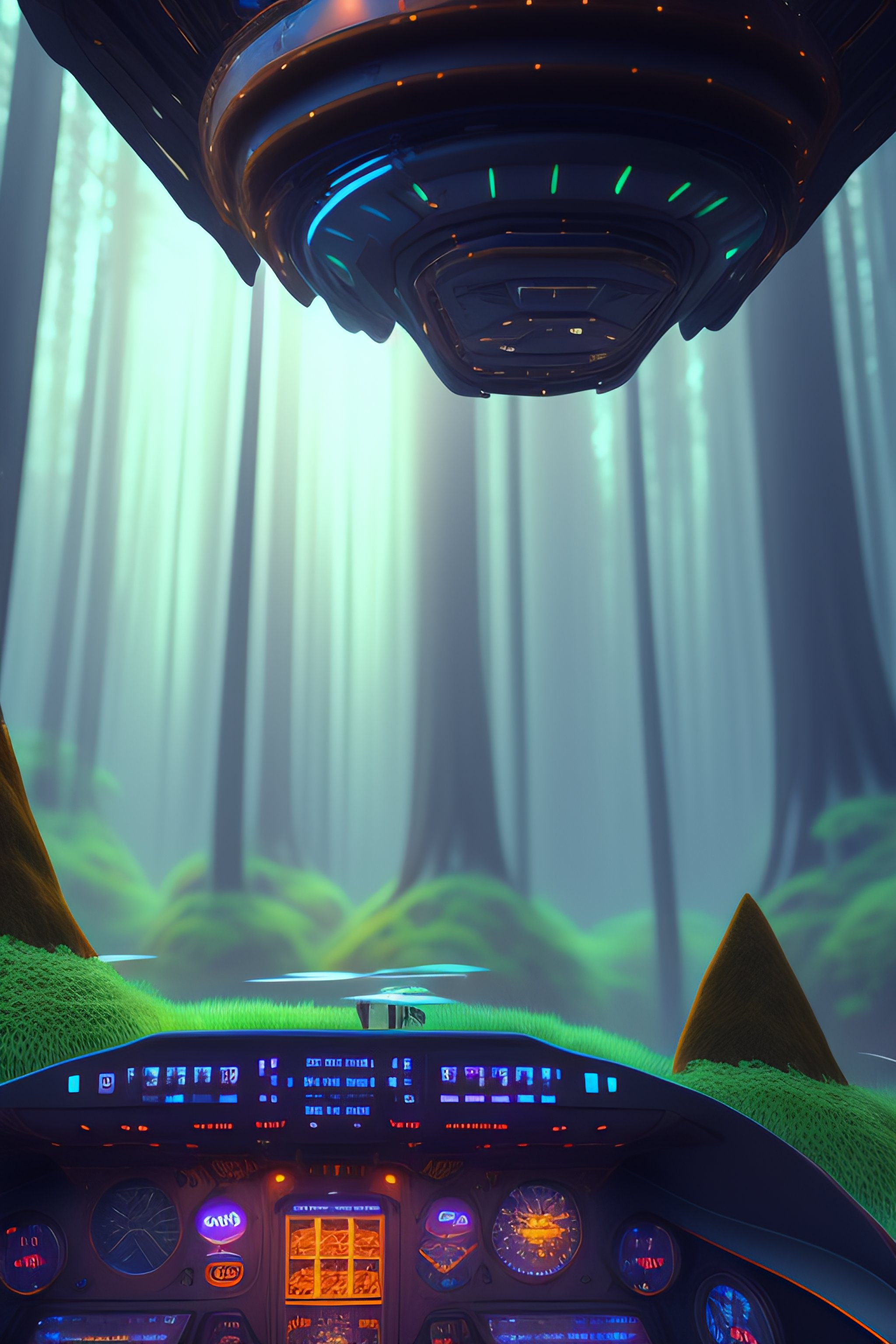 Lexica - Fantasy spaceship cockpit in forest __ ground-level view ...