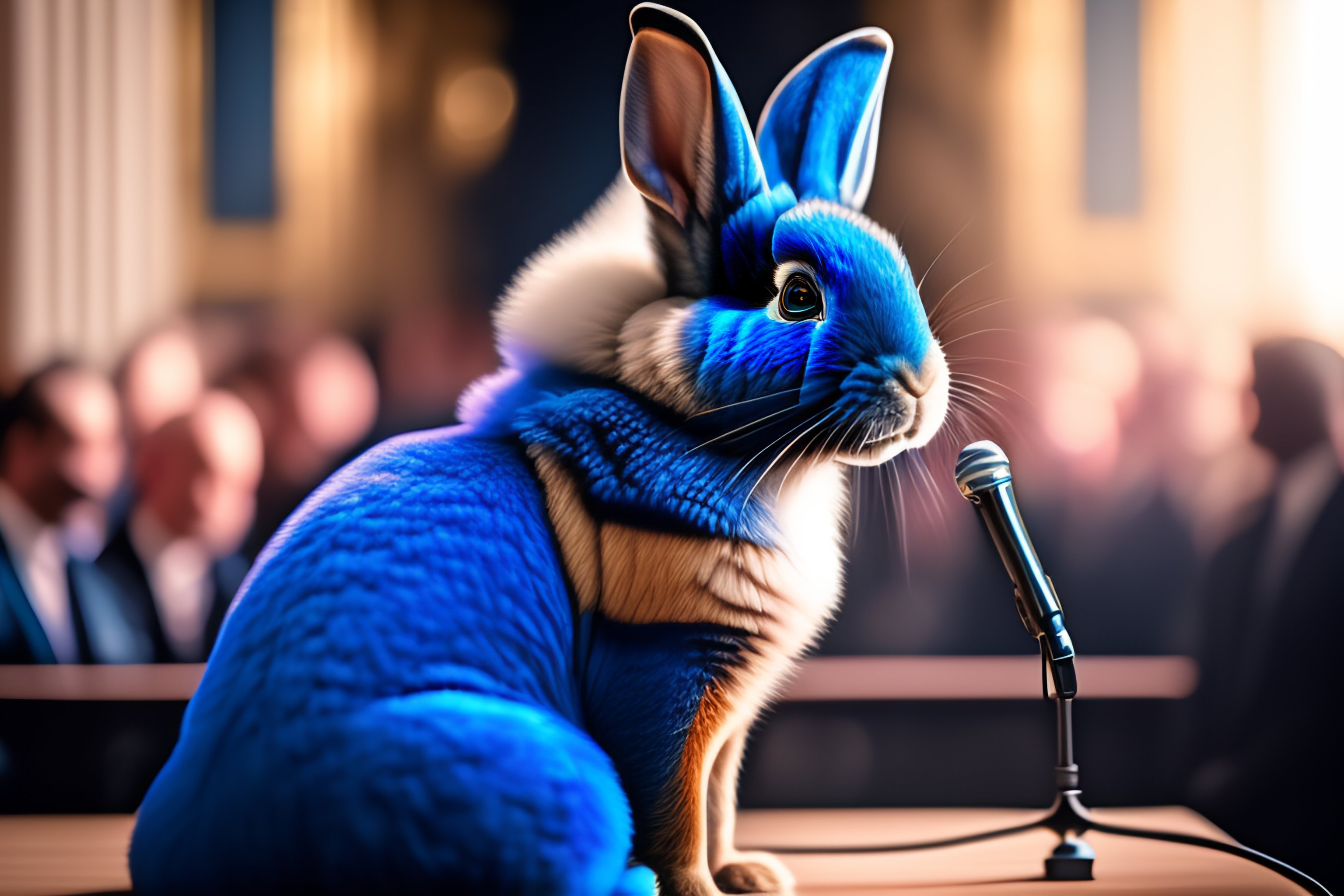 Lexica - Photo of a blue rabbit holding a microphone, standing on stage ...