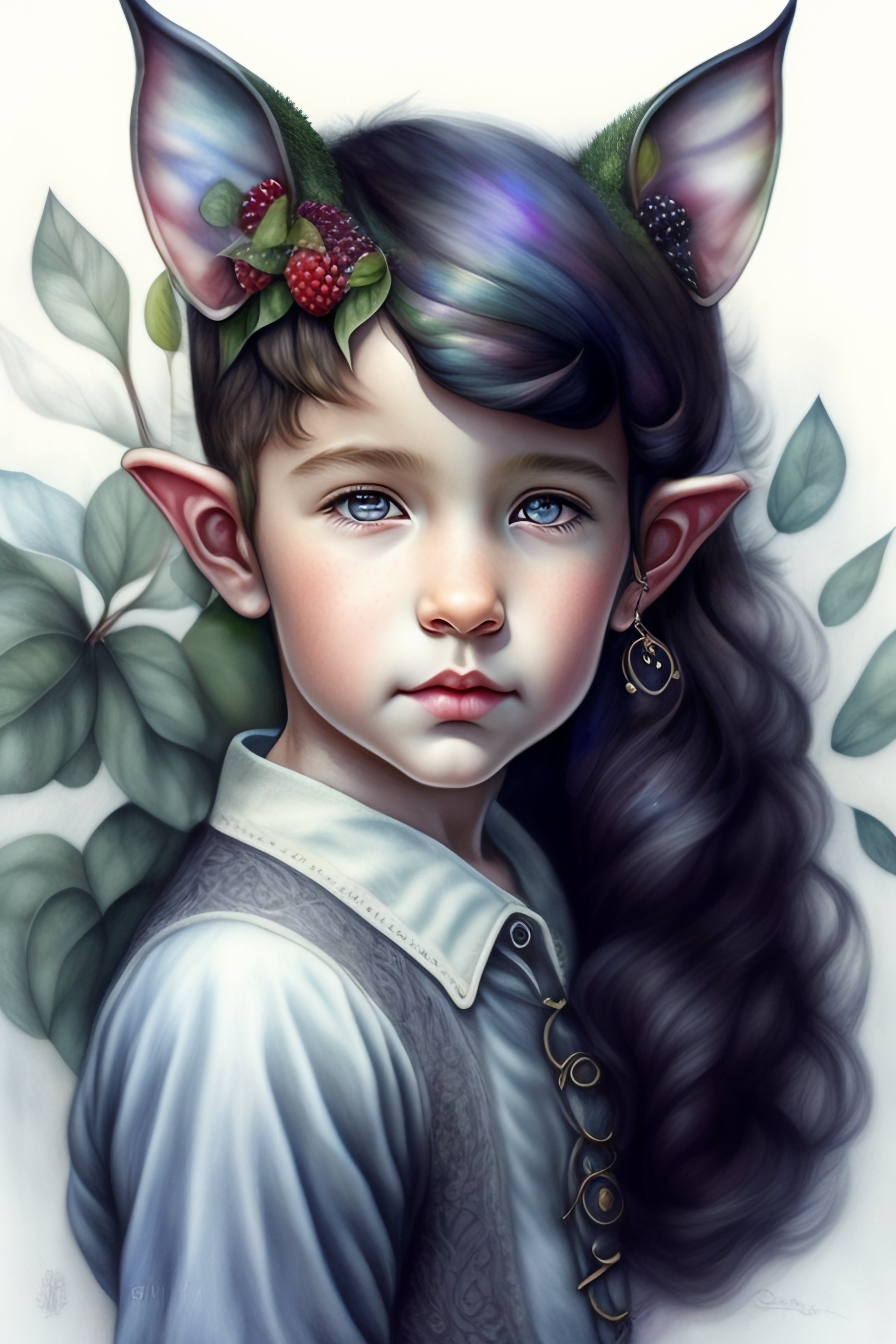 Lexica - Pencil drawing 2ears toddle boy black berry elf, water color ...