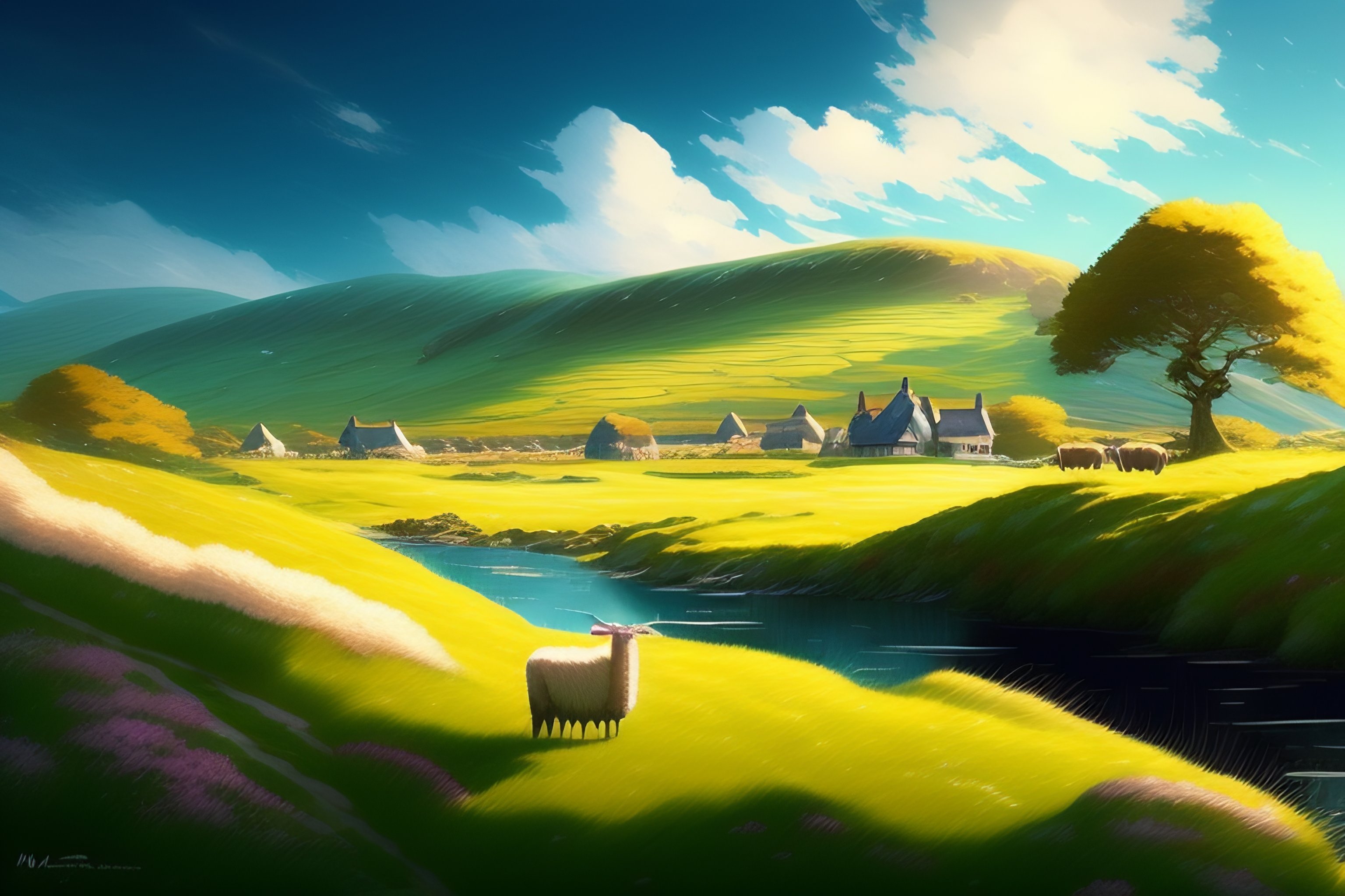 Lexica - Peaceful ireland, landscape, sheep close-up, anime style, art ...