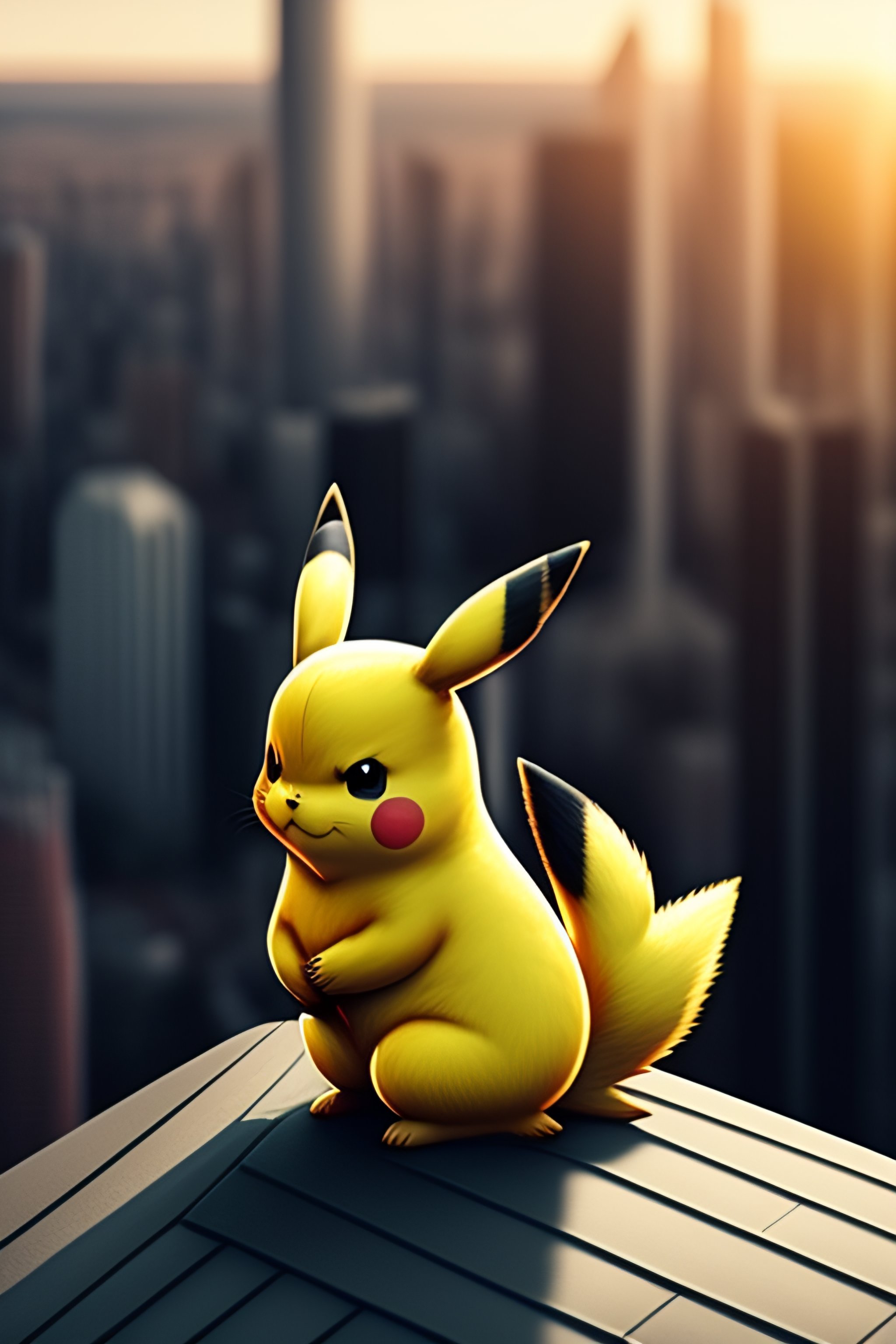 Lexica - Pikachu sitting on a roof looking down at a city below ...