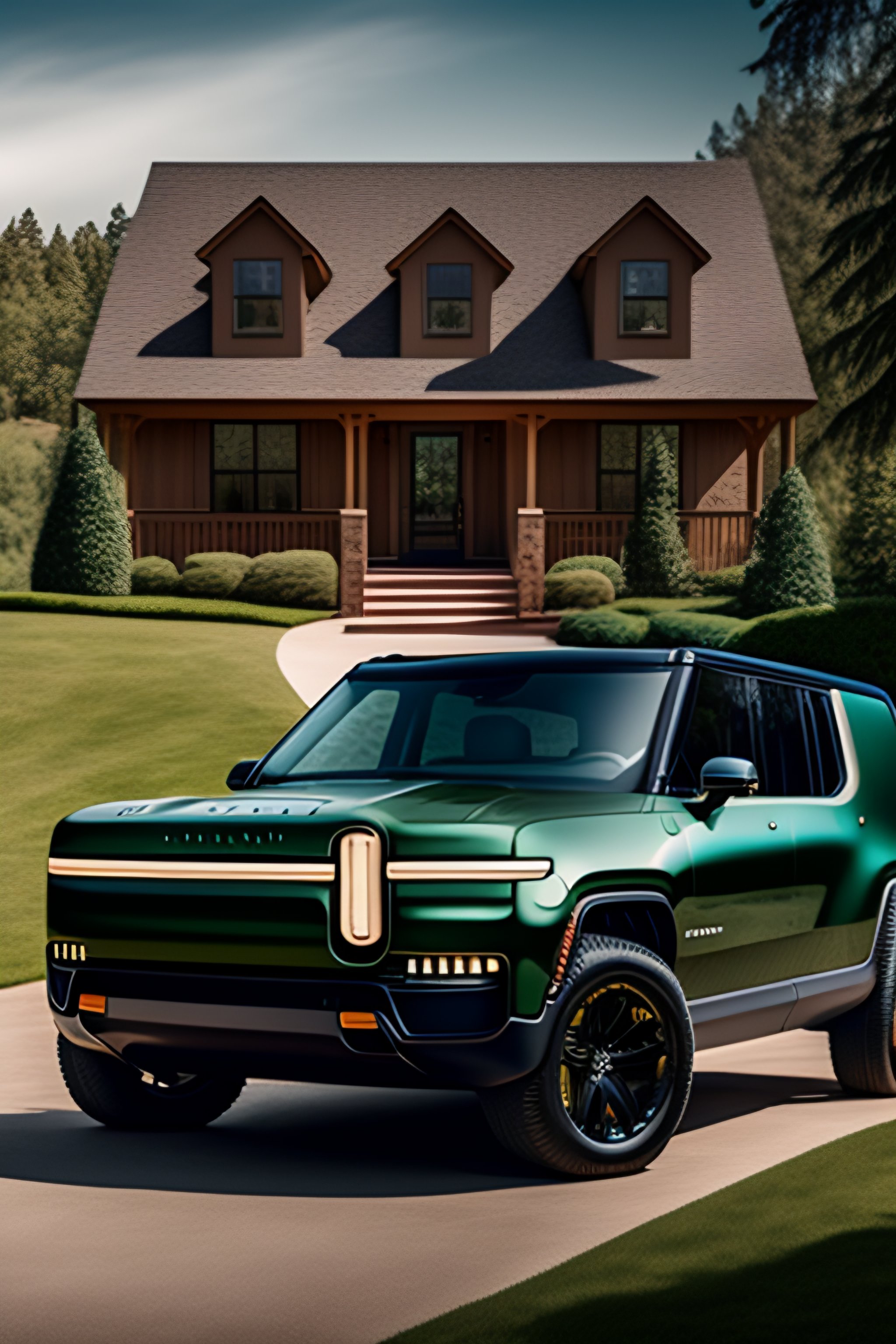 Lexica - Rivian SUV plugged in to a driveway charger in a traditional ...