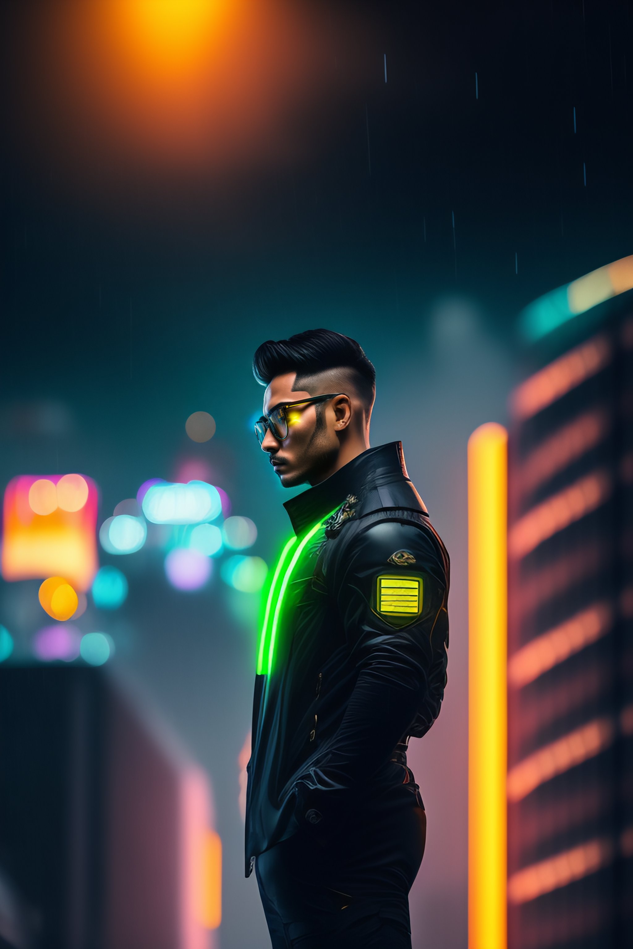 Lexica - Man with undercut hair in black tech suit charming with yellow ...