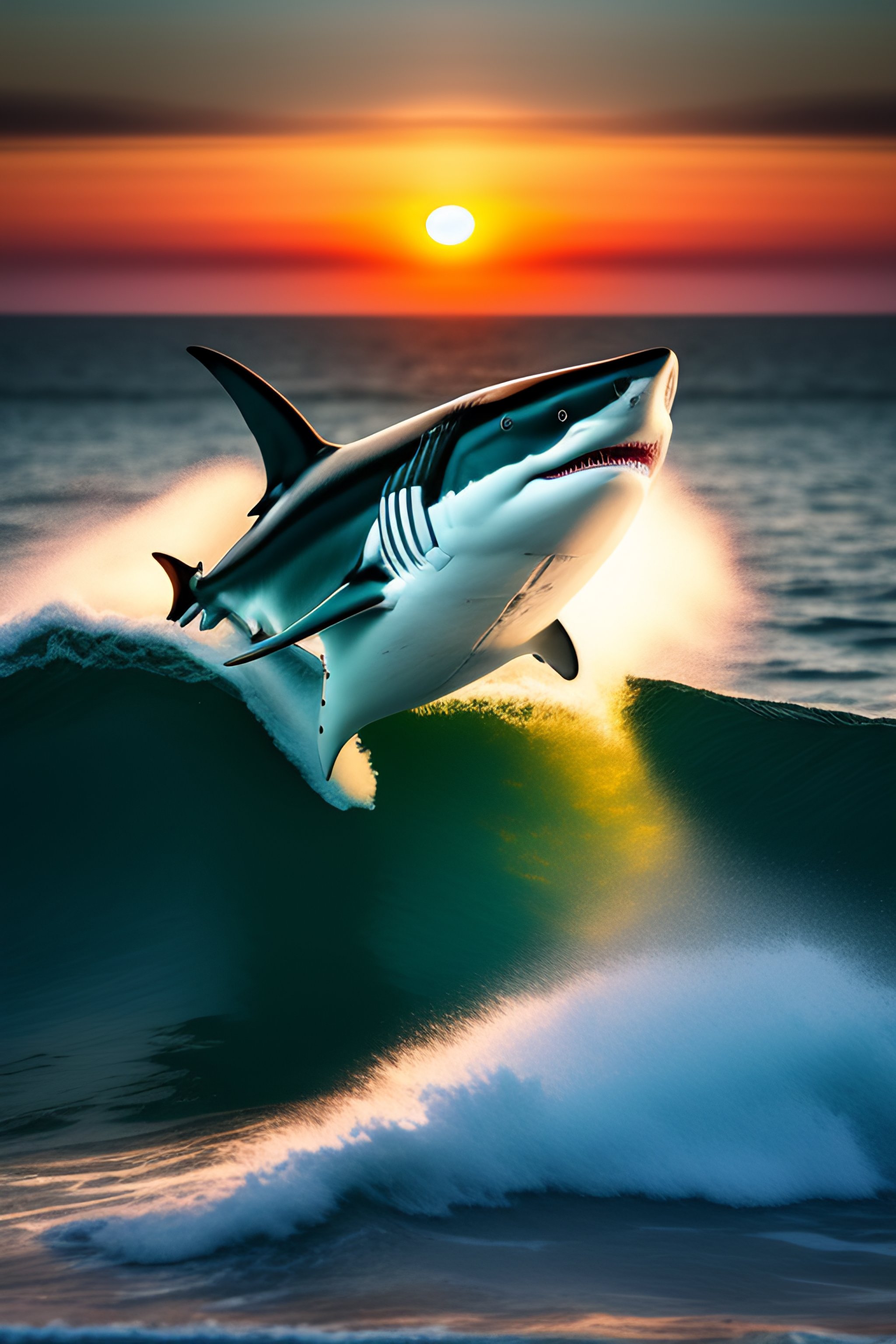 Lexica - A shark coming out of the sea with a sunset