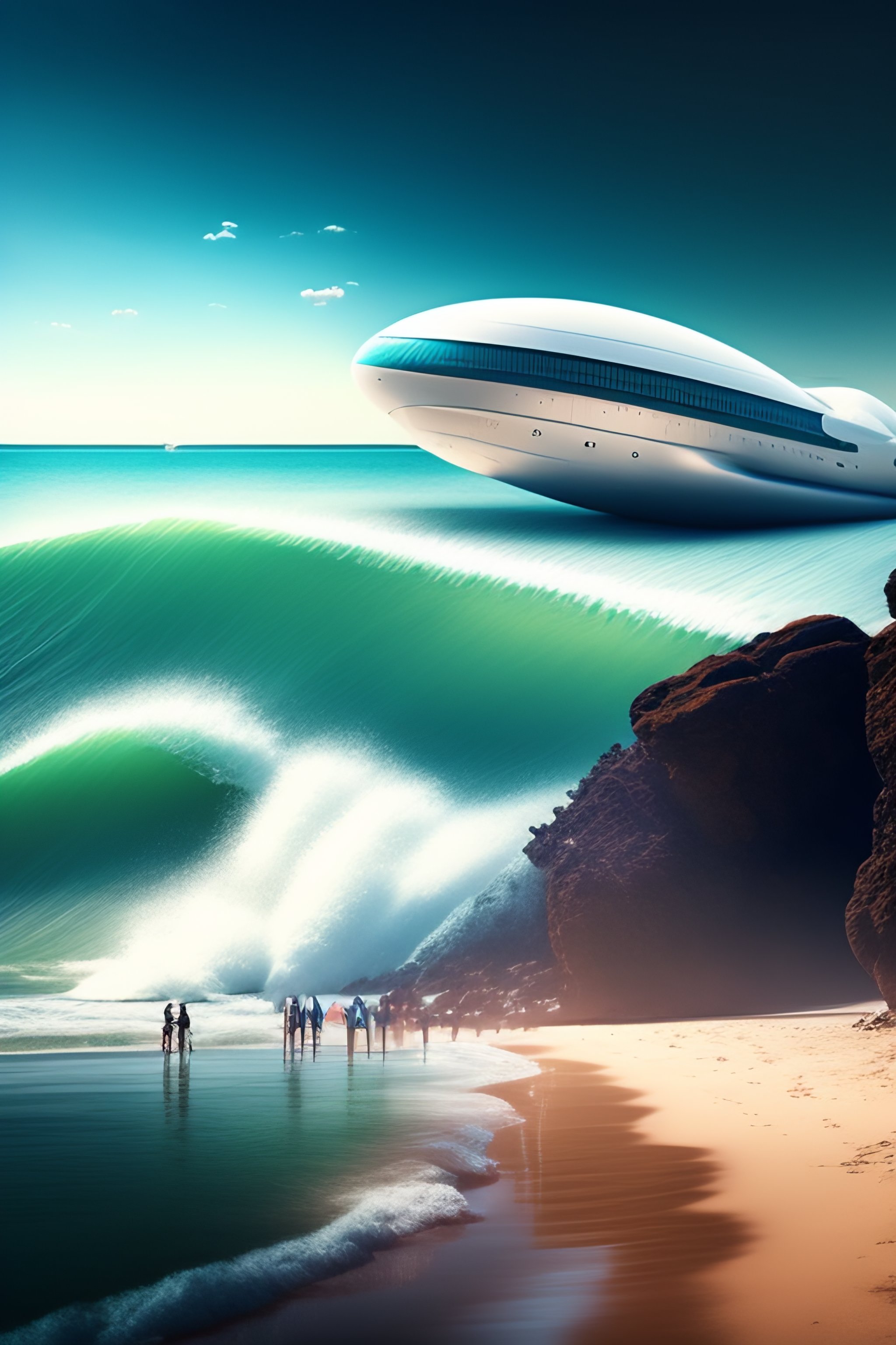 Lexica - A space ship landing on a beach, many people are running away ...