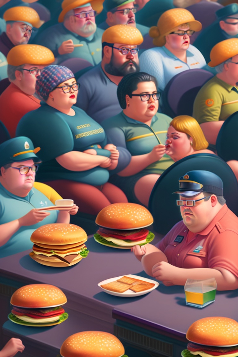 Lexica - Dystopian future, 100 obese people sitting eating burgers and ...