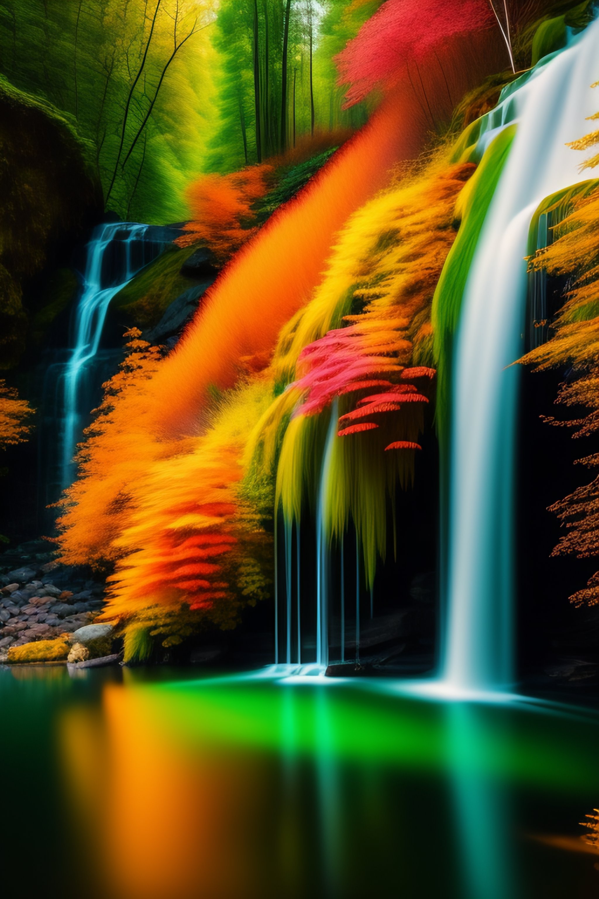 Lexica - Tree with orange and green and yellow leaf , under water fall ...