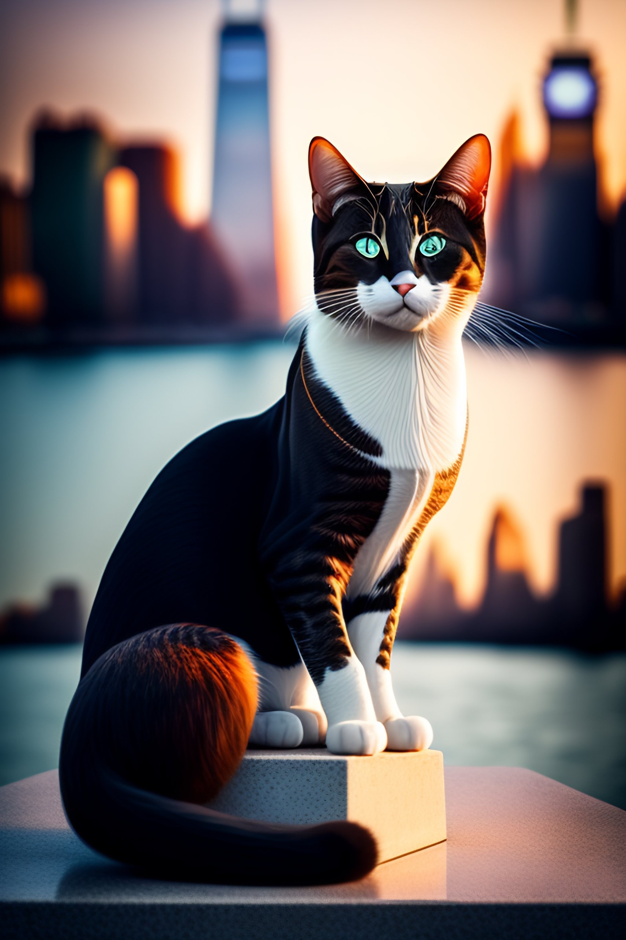 Lexica - "A sleek, casually dressed cat perched atop the iconic Statue ...