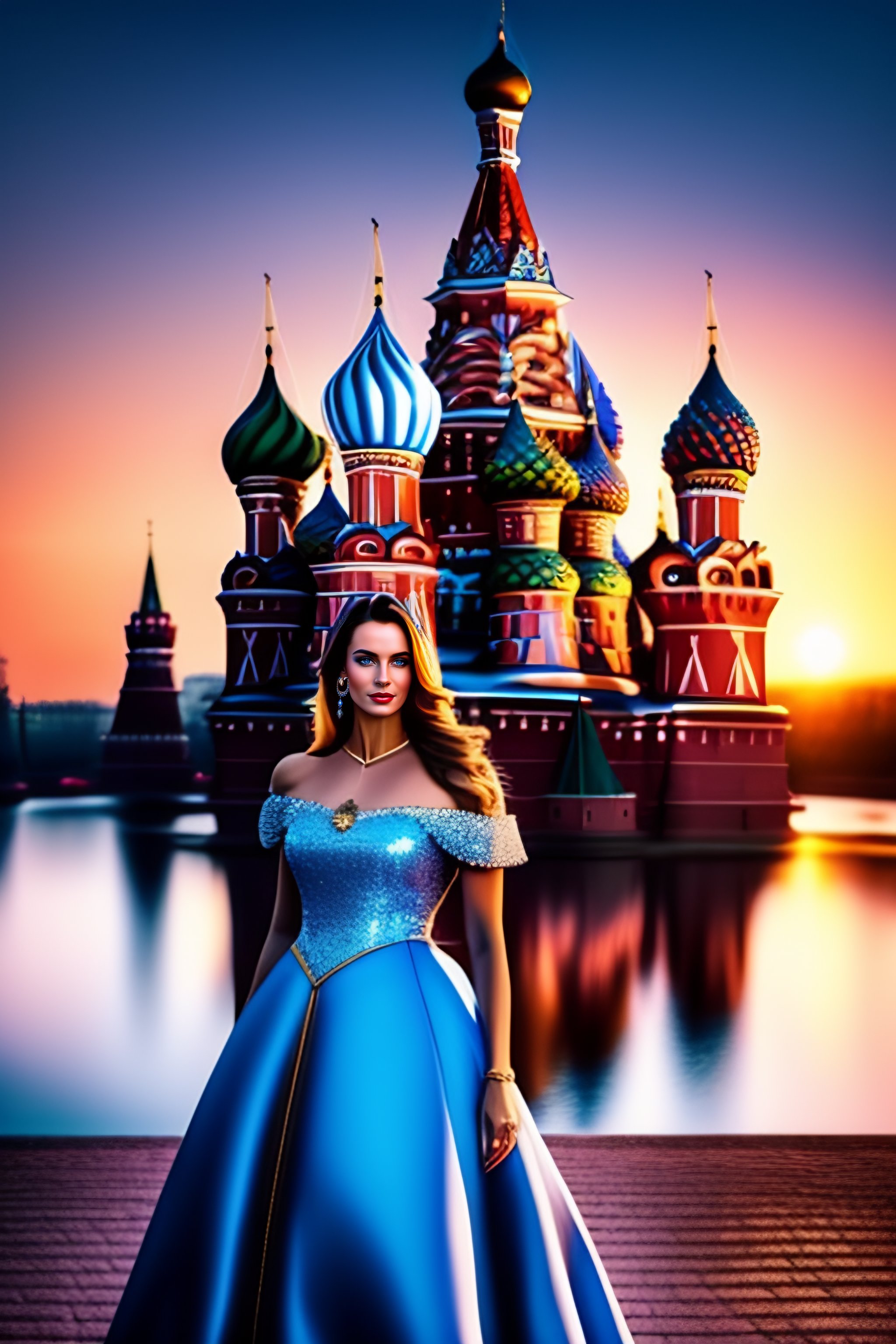 Lexica - Princess Anastasia in Moscow Russia, castle, sunset, blue dress