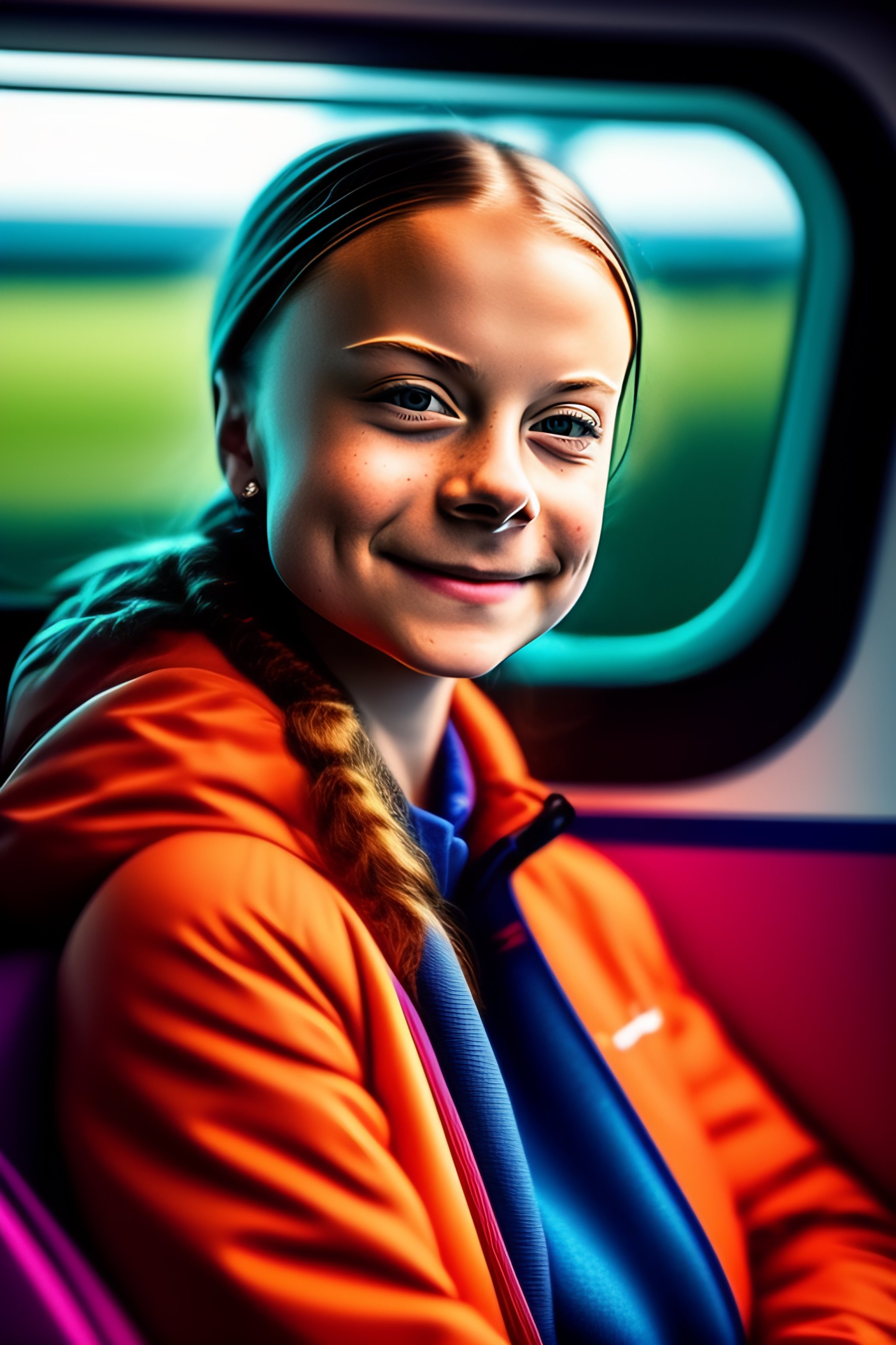 Lexica - Smiling greta thunberg driving a vapor train