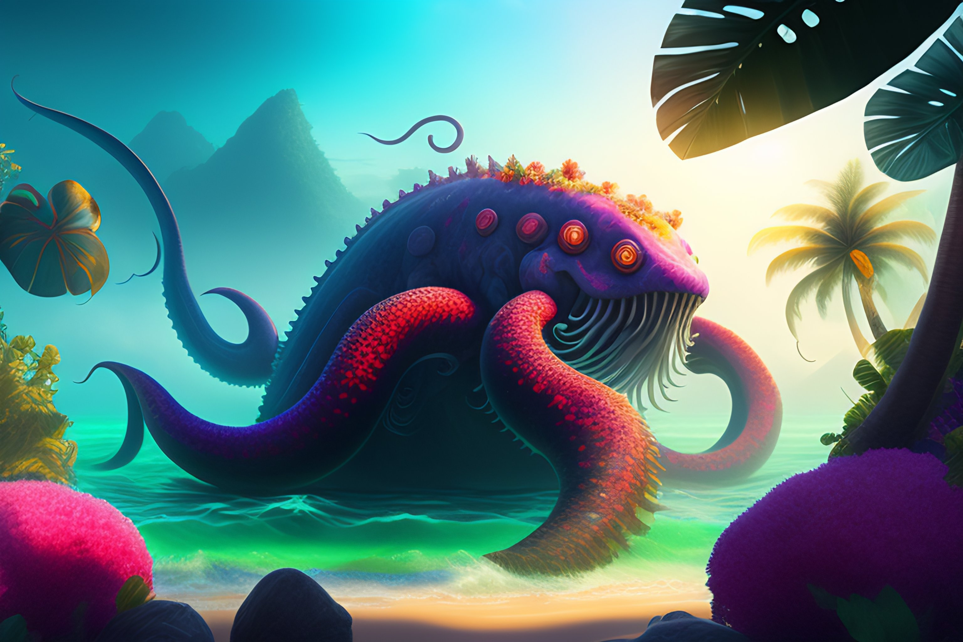 Lexica - Monster kraken in water on tropical beach with greeneries and colorful flowers, full ...