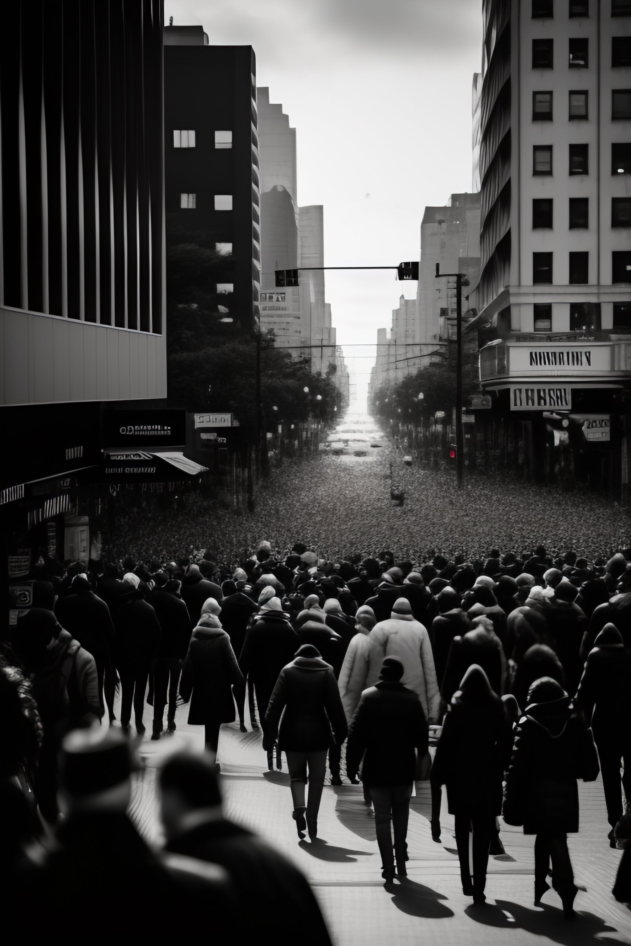 Lexica - Cinematic black and white revolution crowd in an urban city