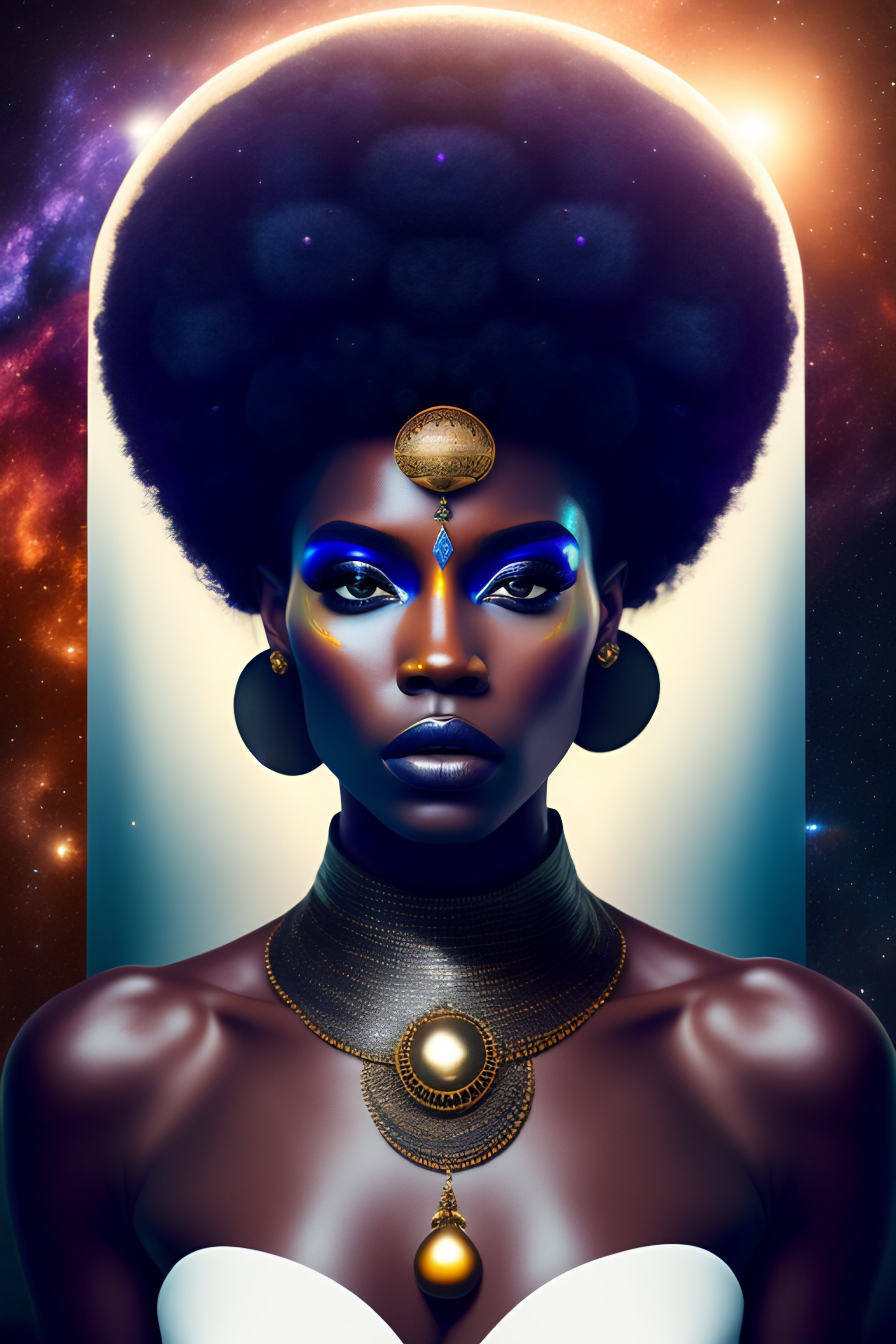 Lexica - Alien godess queen, afro, white skin, plava laguna black eyes ...