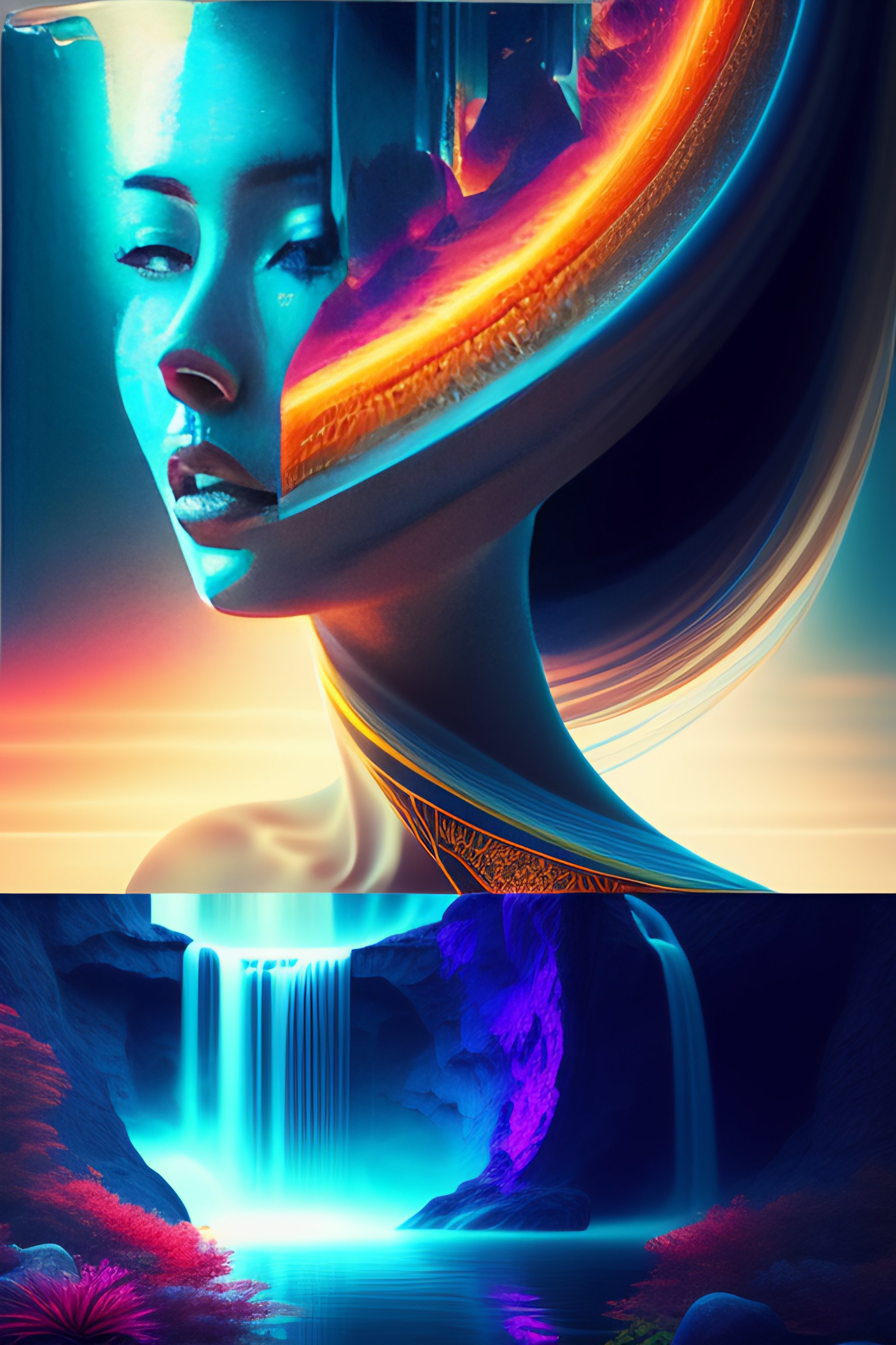 Lexica - A woman fullbody the waterfalls, centered,, Fractals made of ...