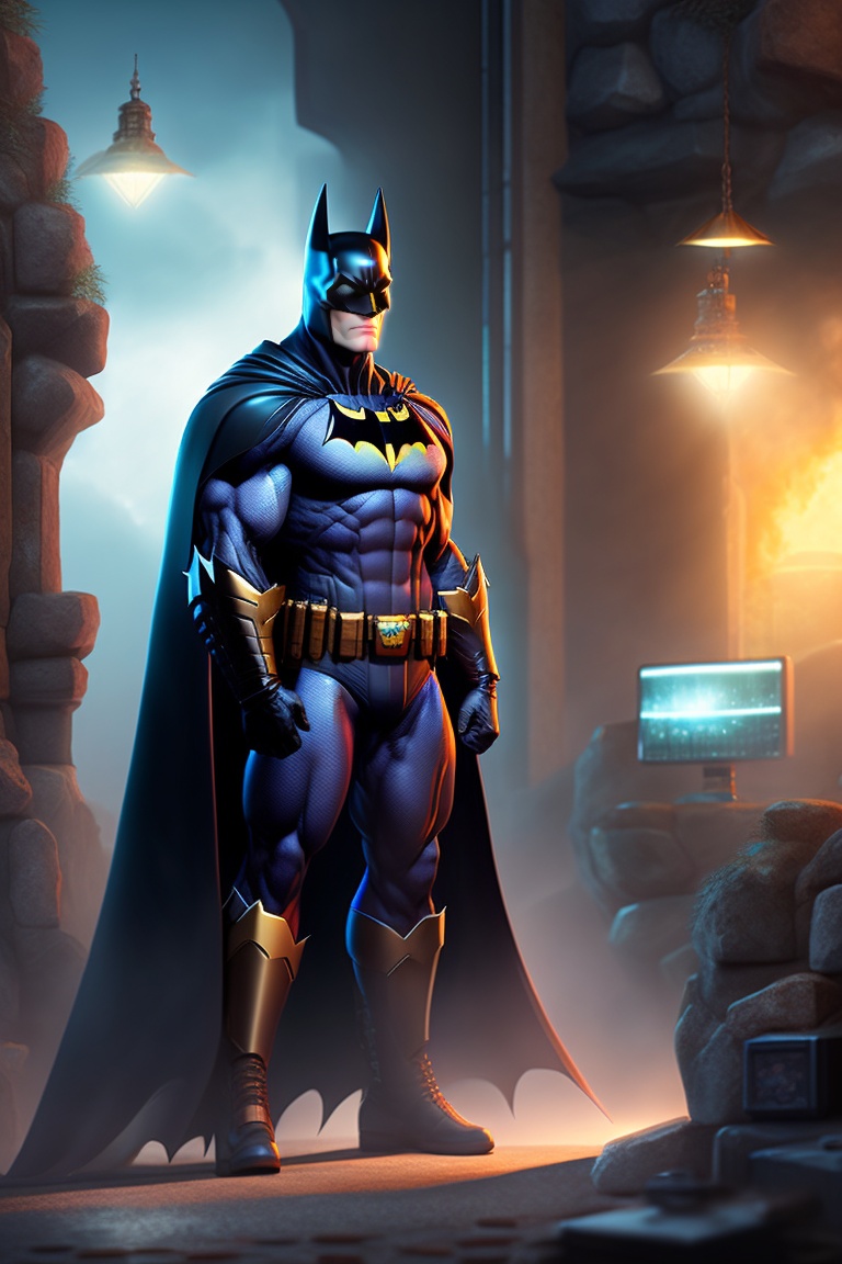 Lexica - Batman standing in the Batcave, with the Batcomputer and ...