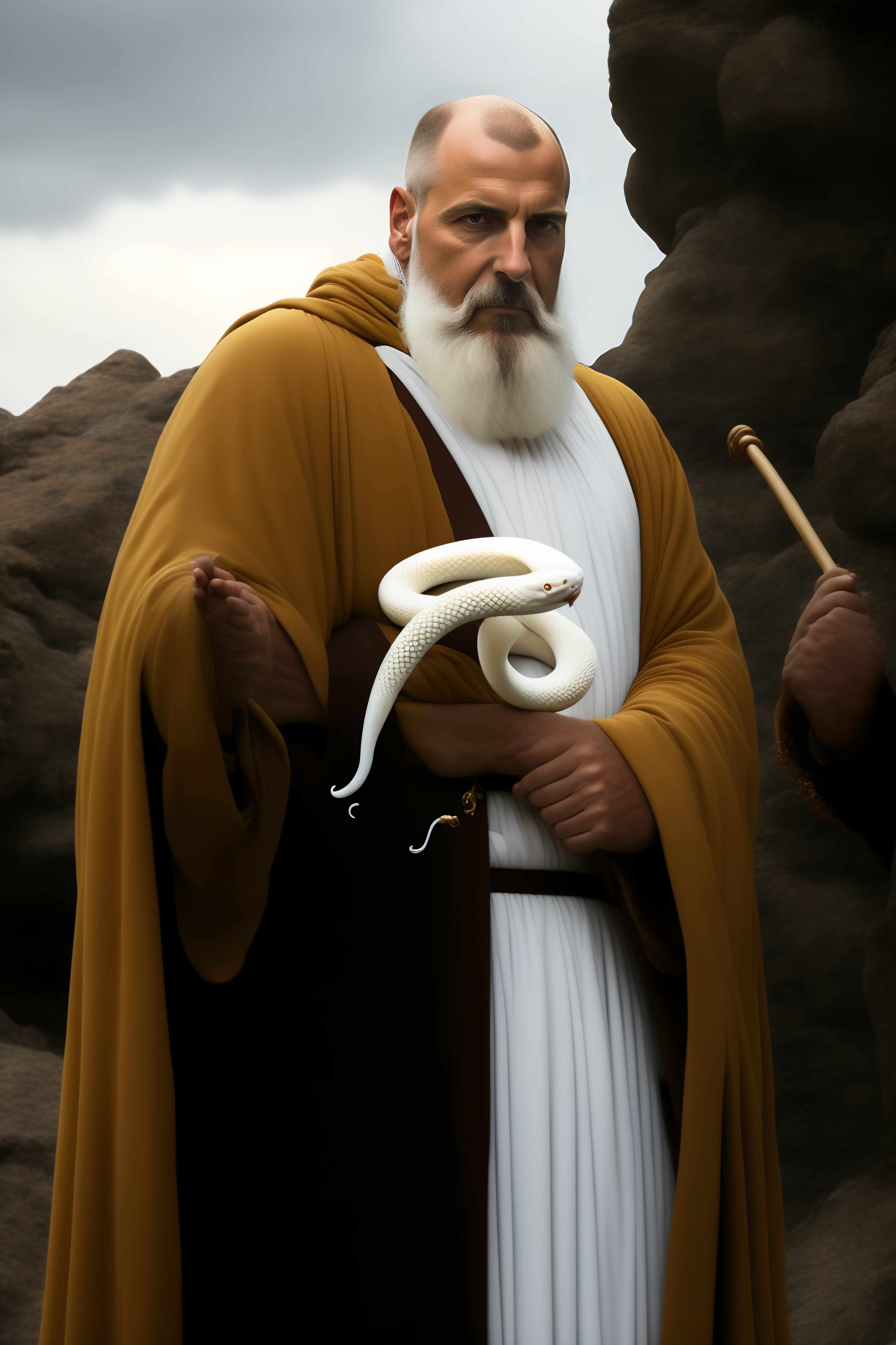 Lexica - One Greek monk in dark robe hold a staff that has a white ...