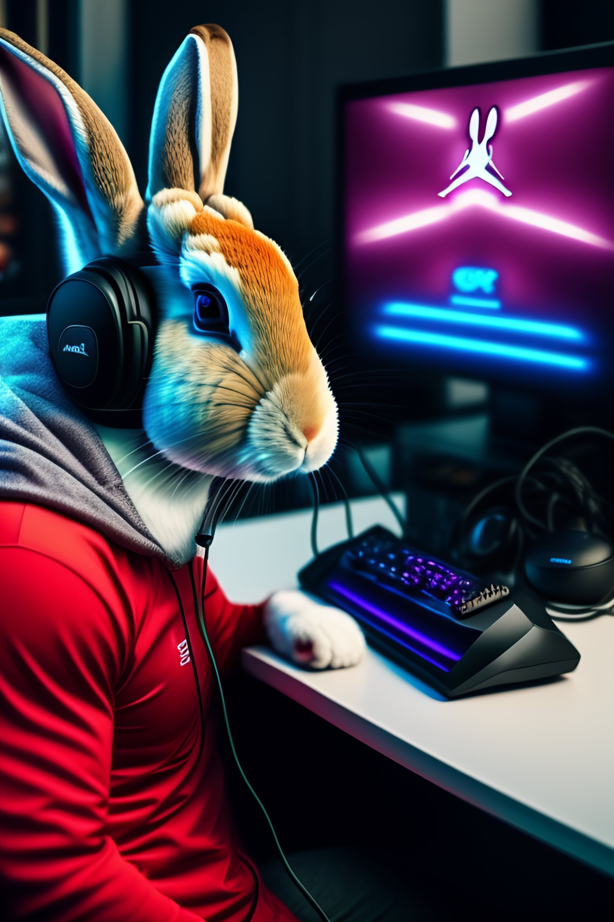 Lexica - Rabbit with gamer headphones on sitting in front of his pc in ...