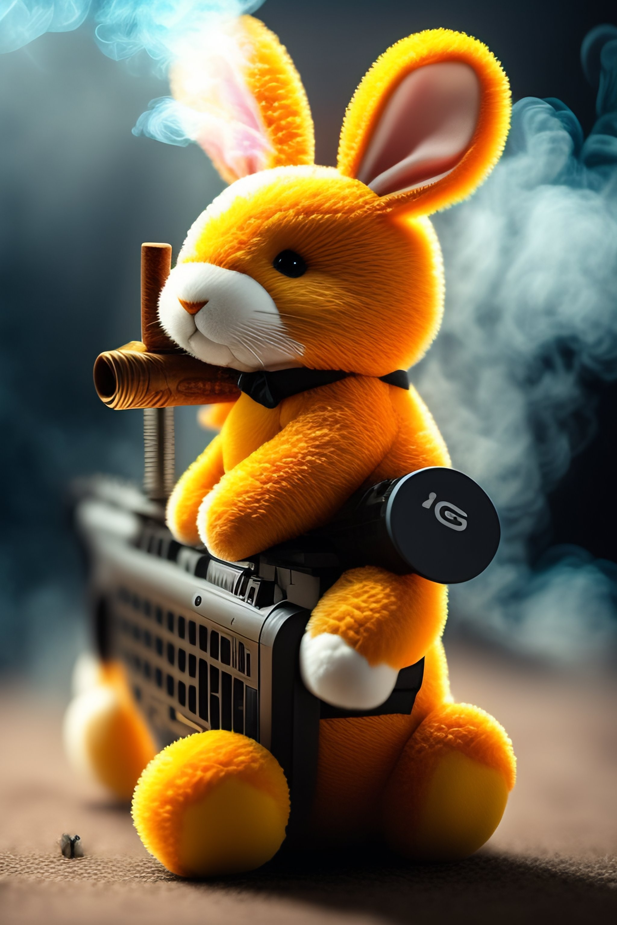 Lexica - Plush rabbit with a machine gun smokes a cigar nuclear explosion