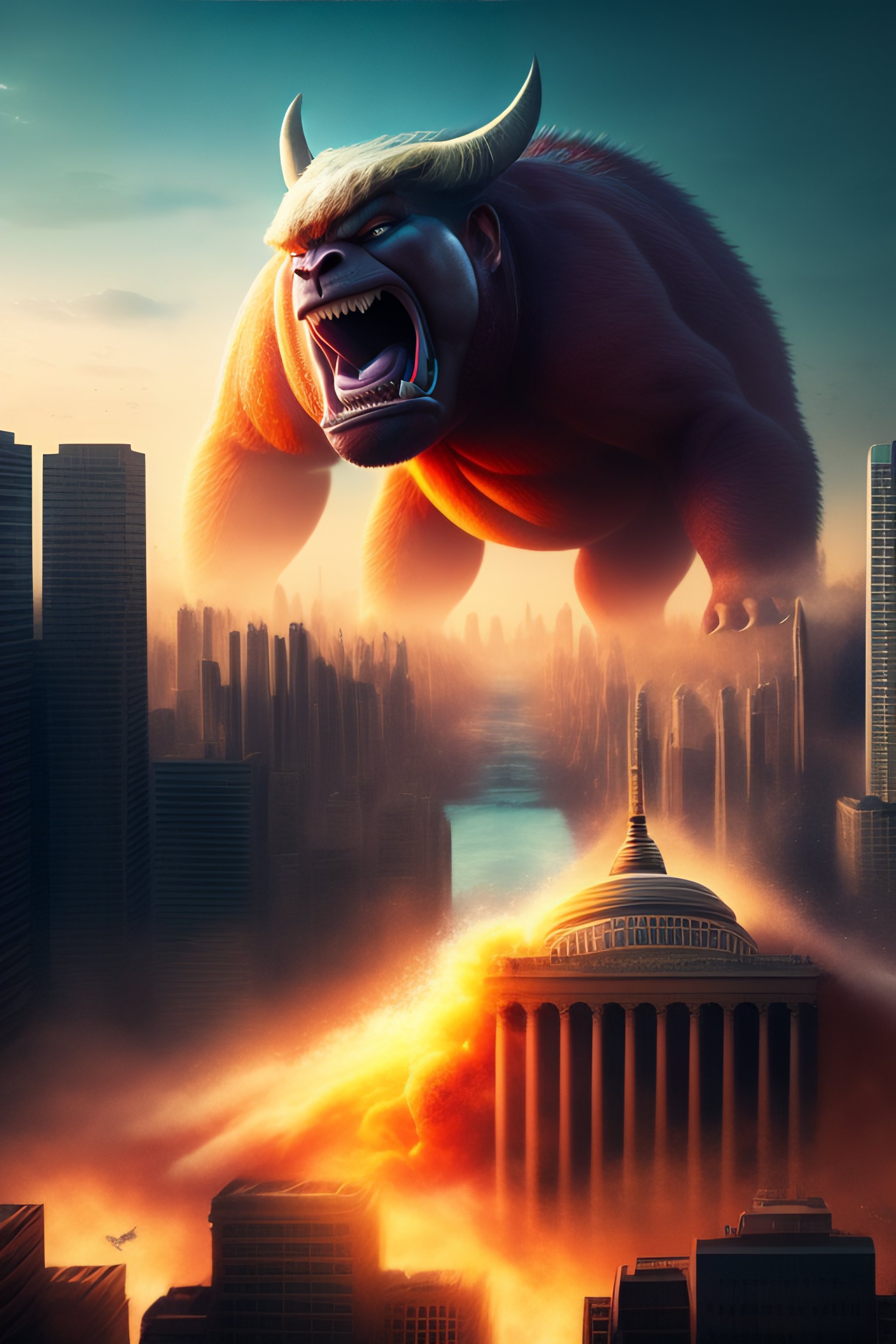 Lexica - Donald Trump depicted as a giant monster destroying a city