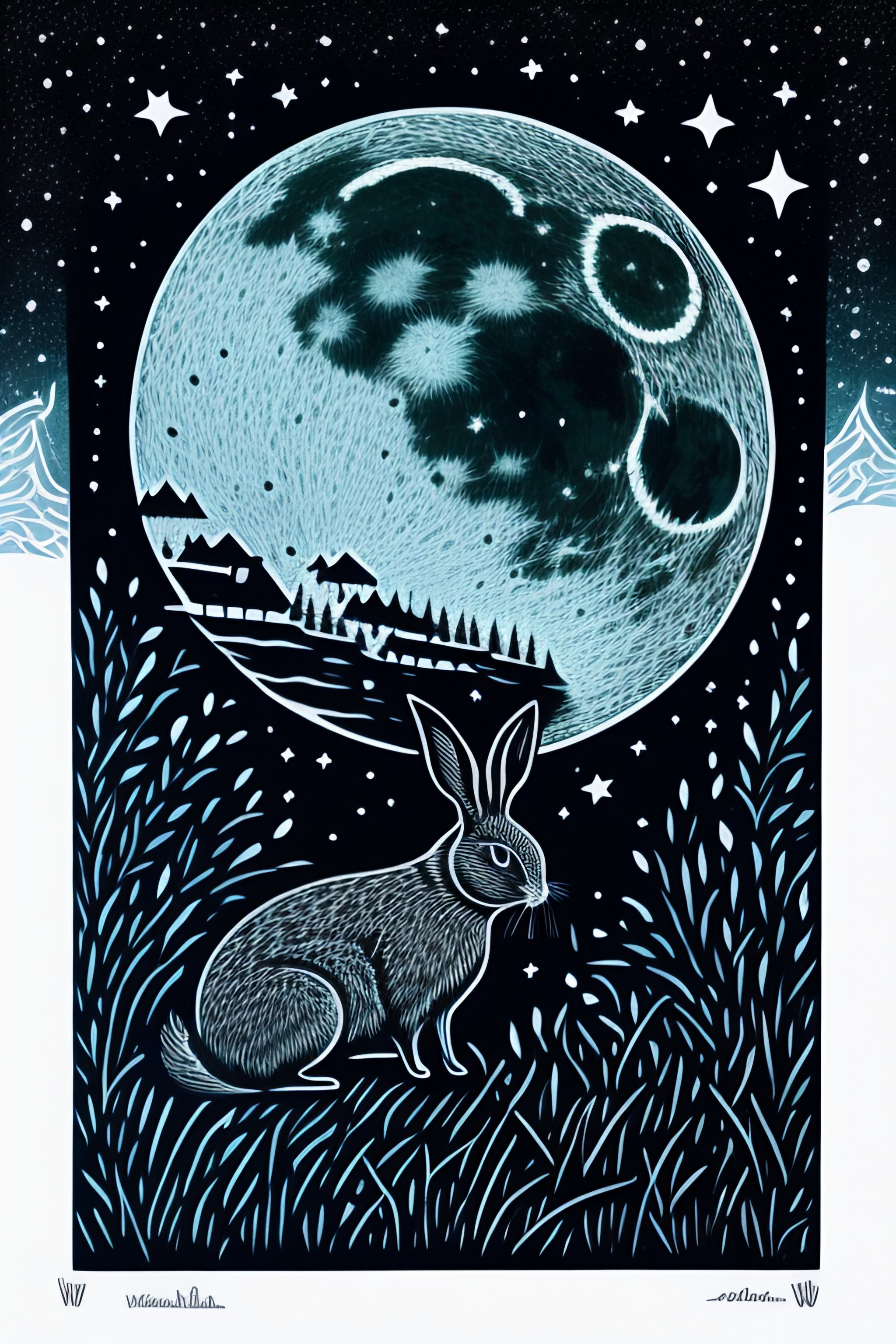 Lexica - Linocut of rabbit in the moon, viking-style, award winning