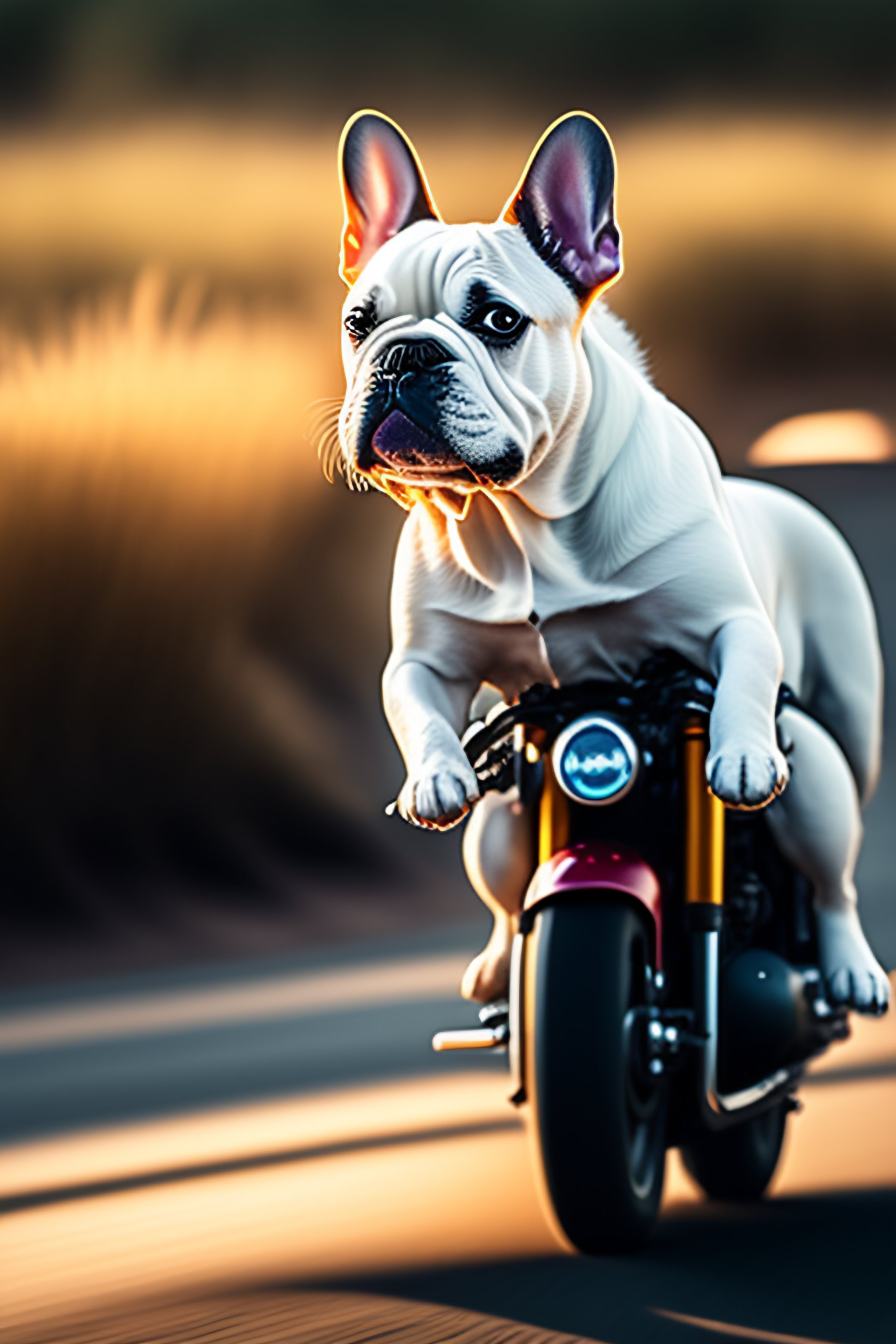 Lexica - A white french bulldog riding a motorbike