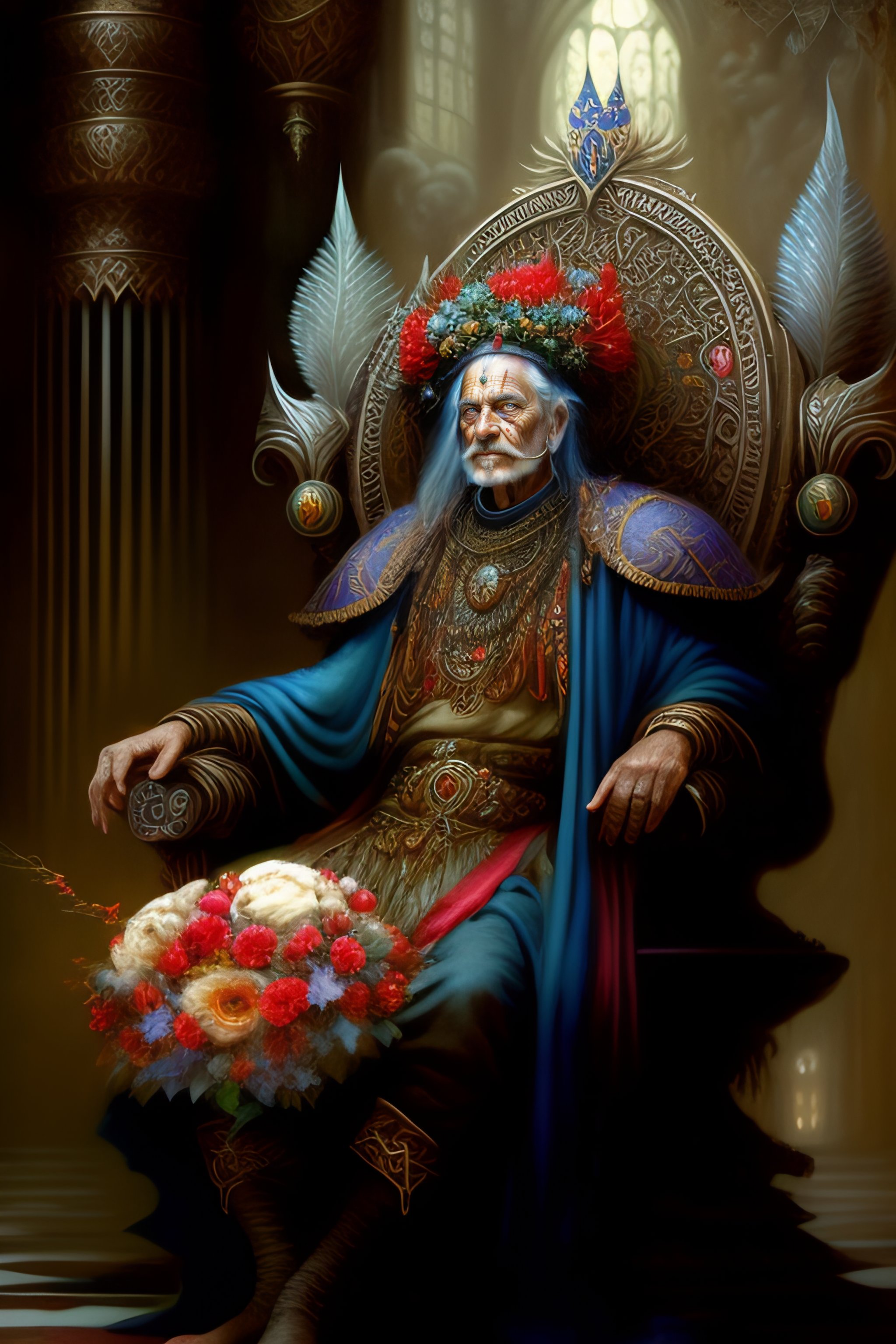 Lexica - An old ugly jester with a wreath of flowers and birds on his ...