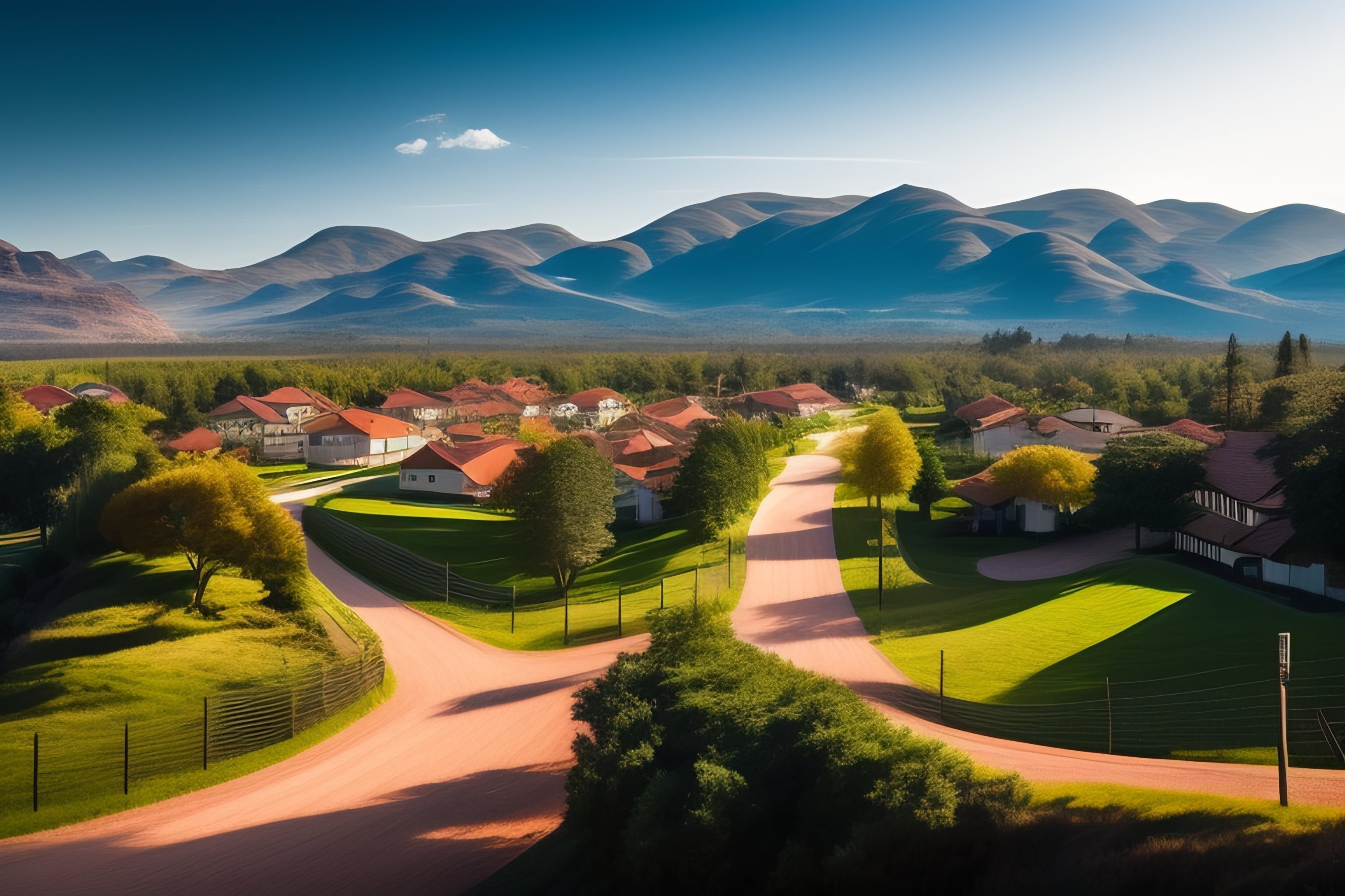 Lexica - Landshape with linear road and little town in background