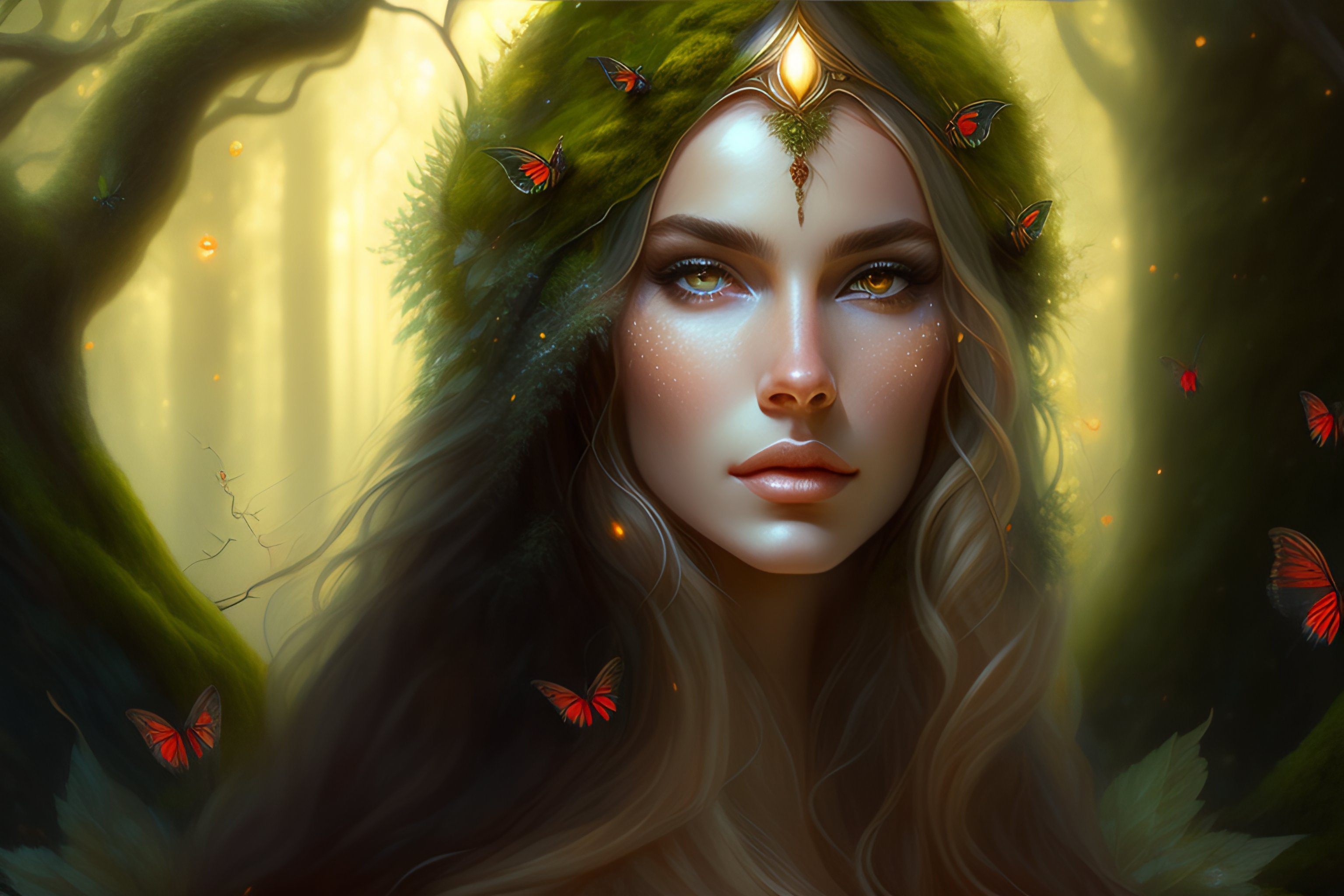 Lexica - Symmetry portrait of moss female queen of ent of red fangorn ...