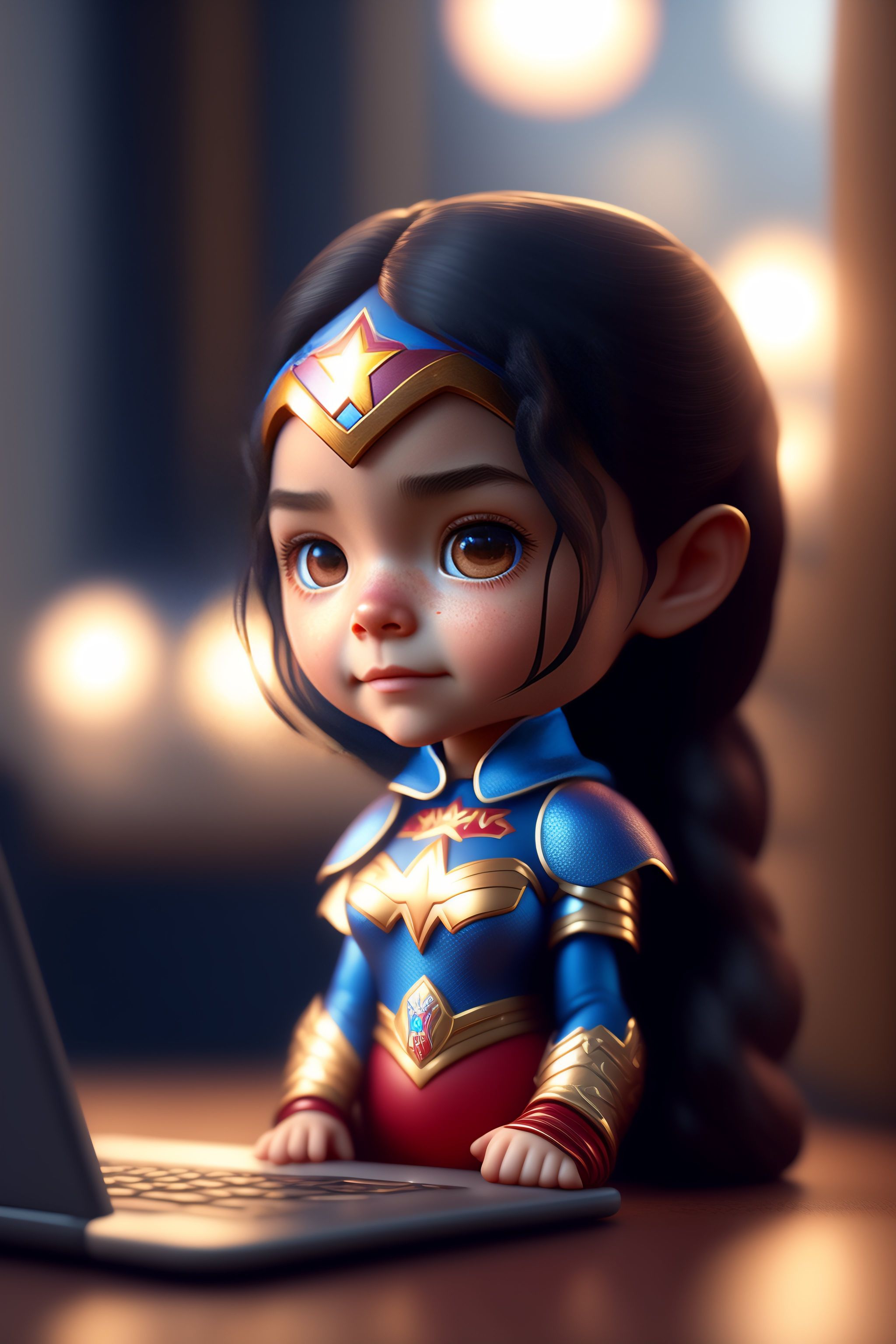 Lexica - Cute small humanoid wonderWoman sitting in front of laptop, unreal engine, cozy indoor ...