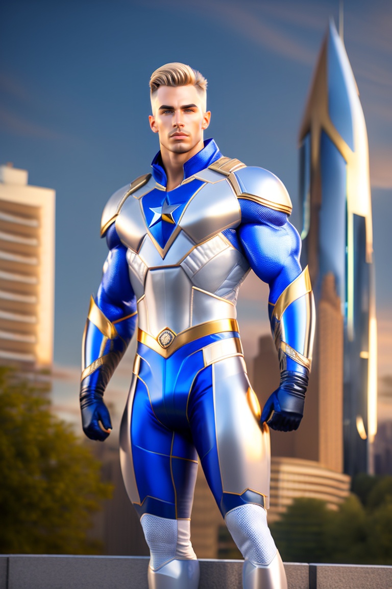 Lexica - Centered, full body body, photo of a handsome super hero, blue ...