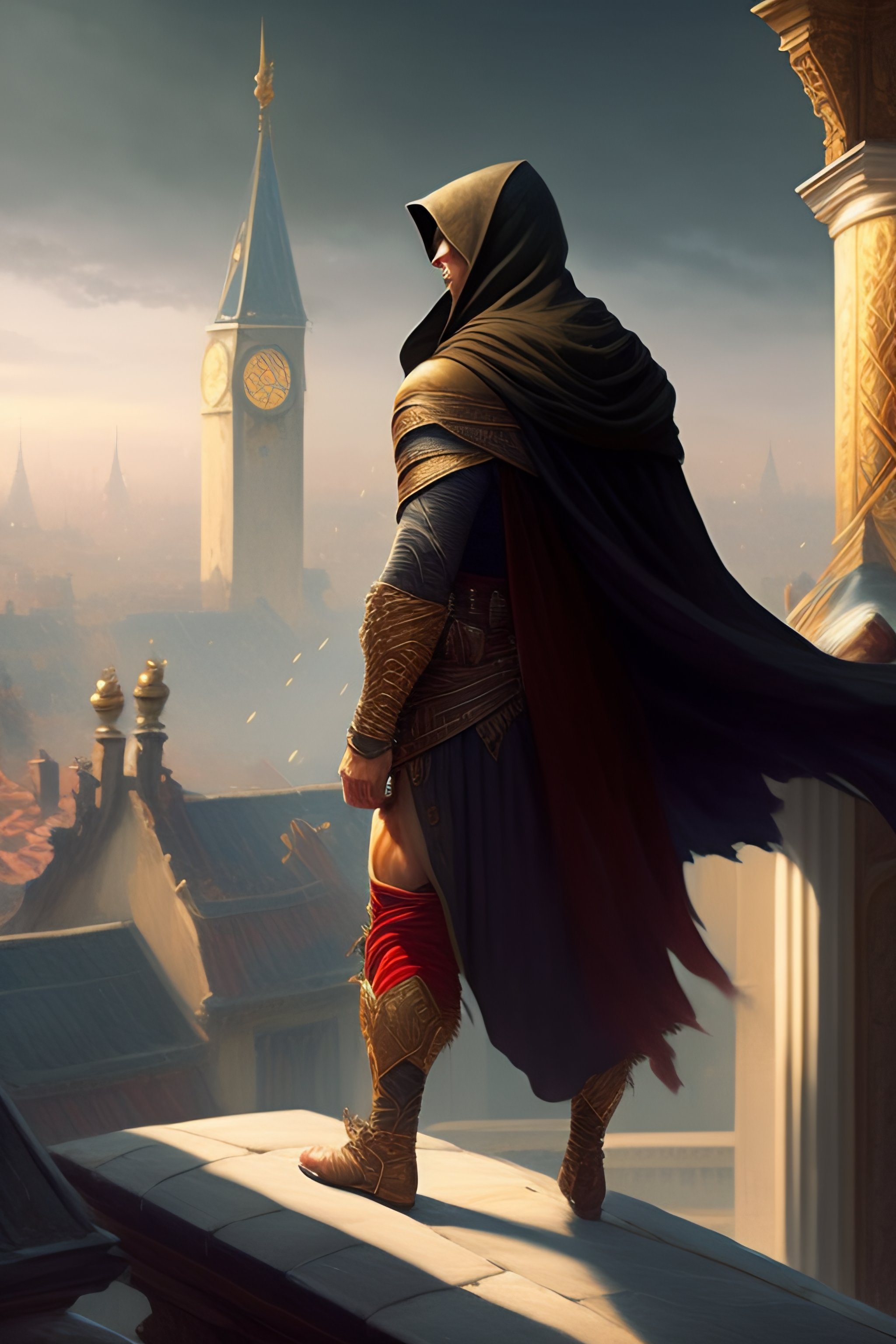 Lexica - "A muscular hooded assassin standing atop a rooftop ...